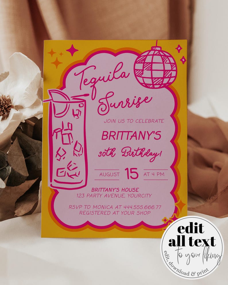 Tequila Sunrise 30th Birthday Invitation, Tropical Fiesta Cocktail ...