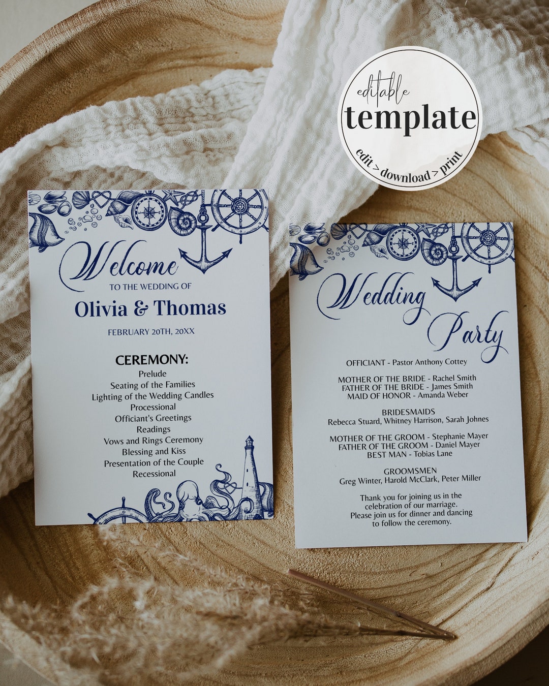 Nautical Beach Wedding Program and Ceremony Itinerary Template for ...