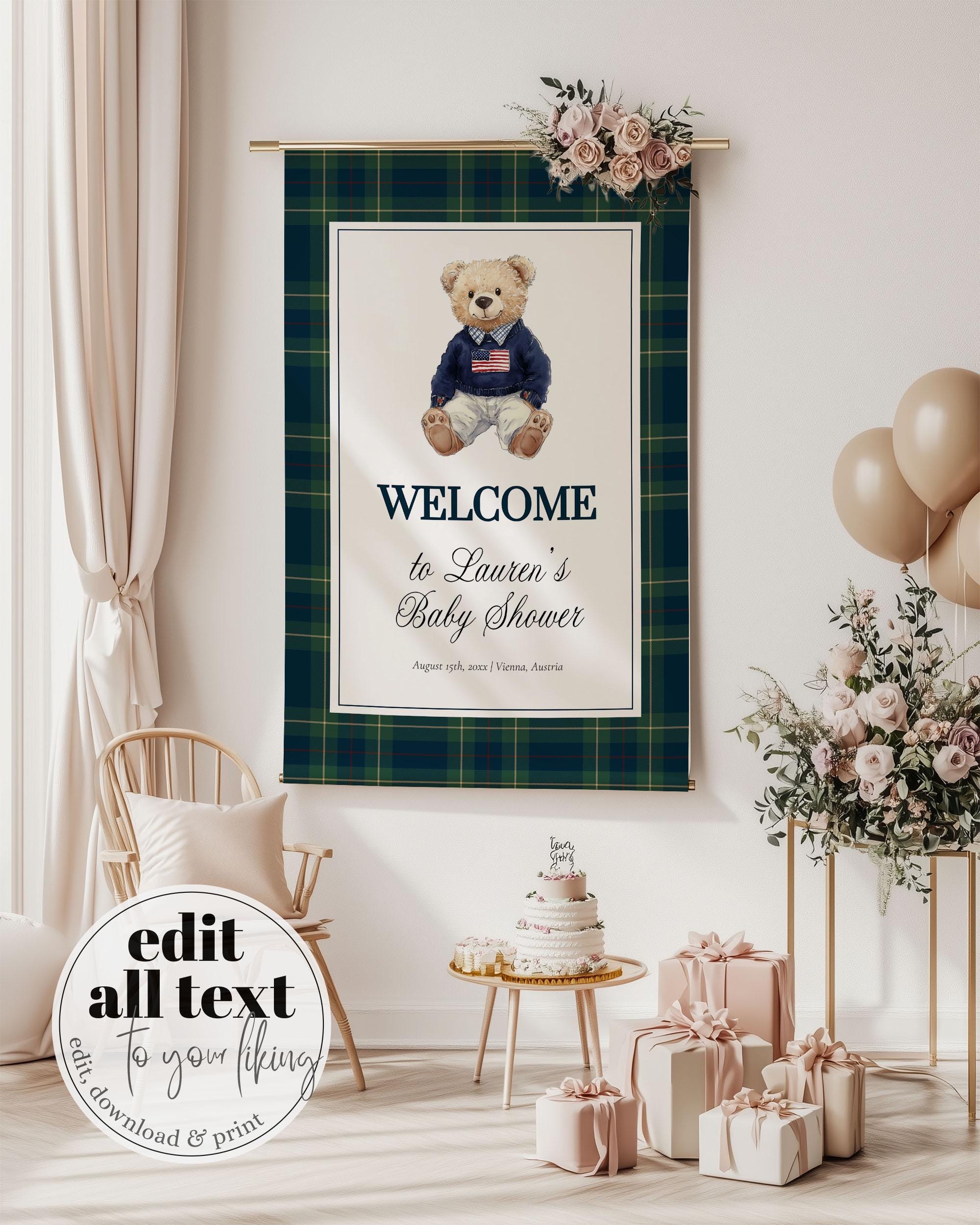 Preppy Teddy Bear Welcome Banner, Baby Shower Fabric Wall Tapestry ...