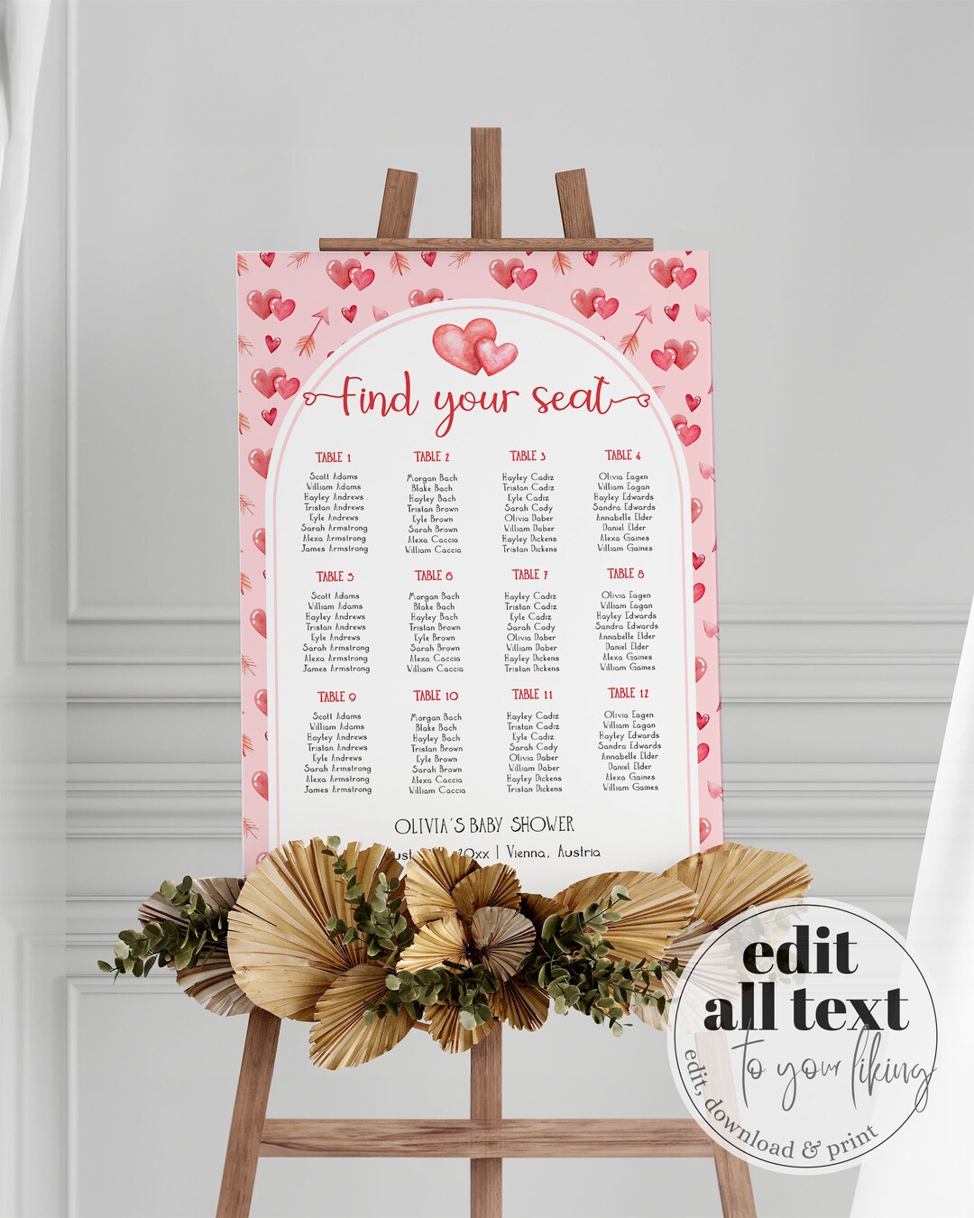 Editable Valentines Seating Chart Plan | Sweetheart Seating Sign With ...