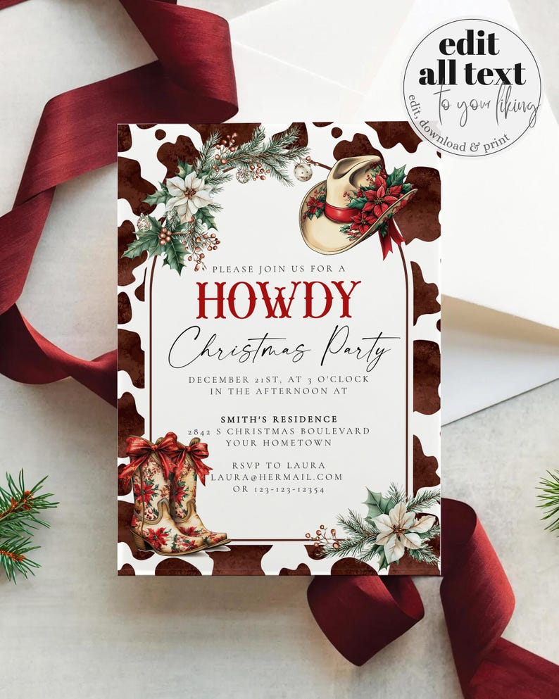 Western Howdy Christmas Party Invitation Template, Cow Print Holiday ...