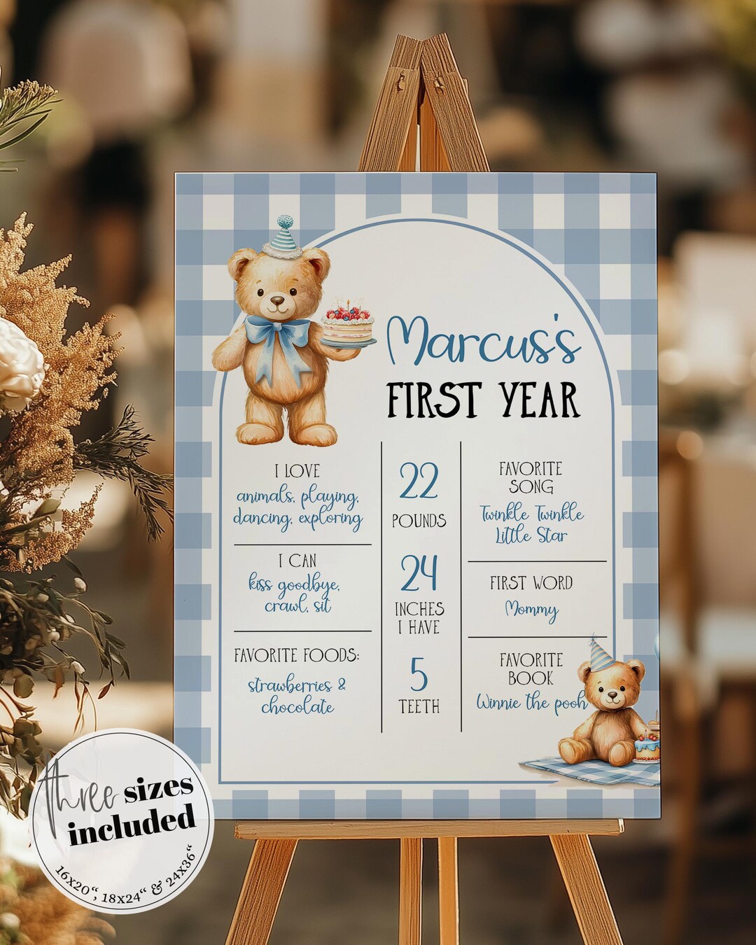 Beary First Birthday Milestone Board Template, Blue Teddy Bear My First ...