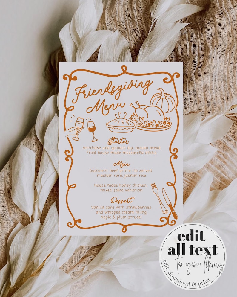 Friendsgiving Dinner Menu Card, Thanksgiving Potluck Menu Template ...