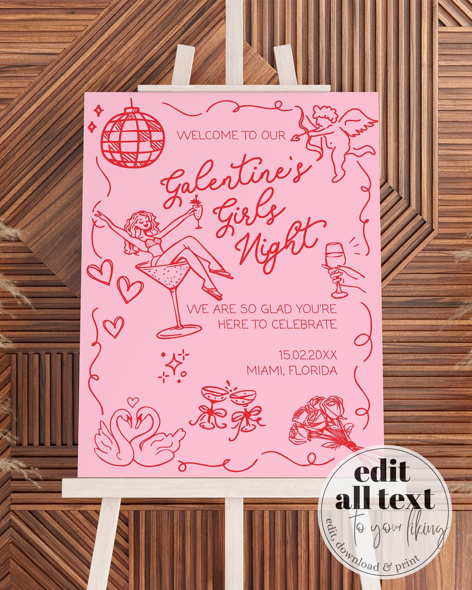 Girls Galentines Day Welcome Sign Template Funky Doodle Valentines ...