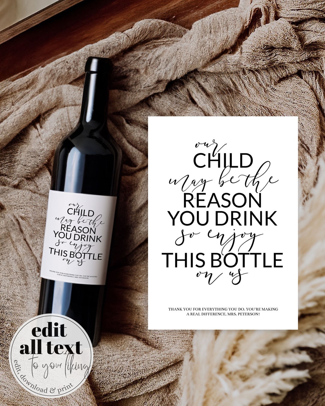 Teacher Wine Label Template, Funny Summer Break Gift, Editable ...