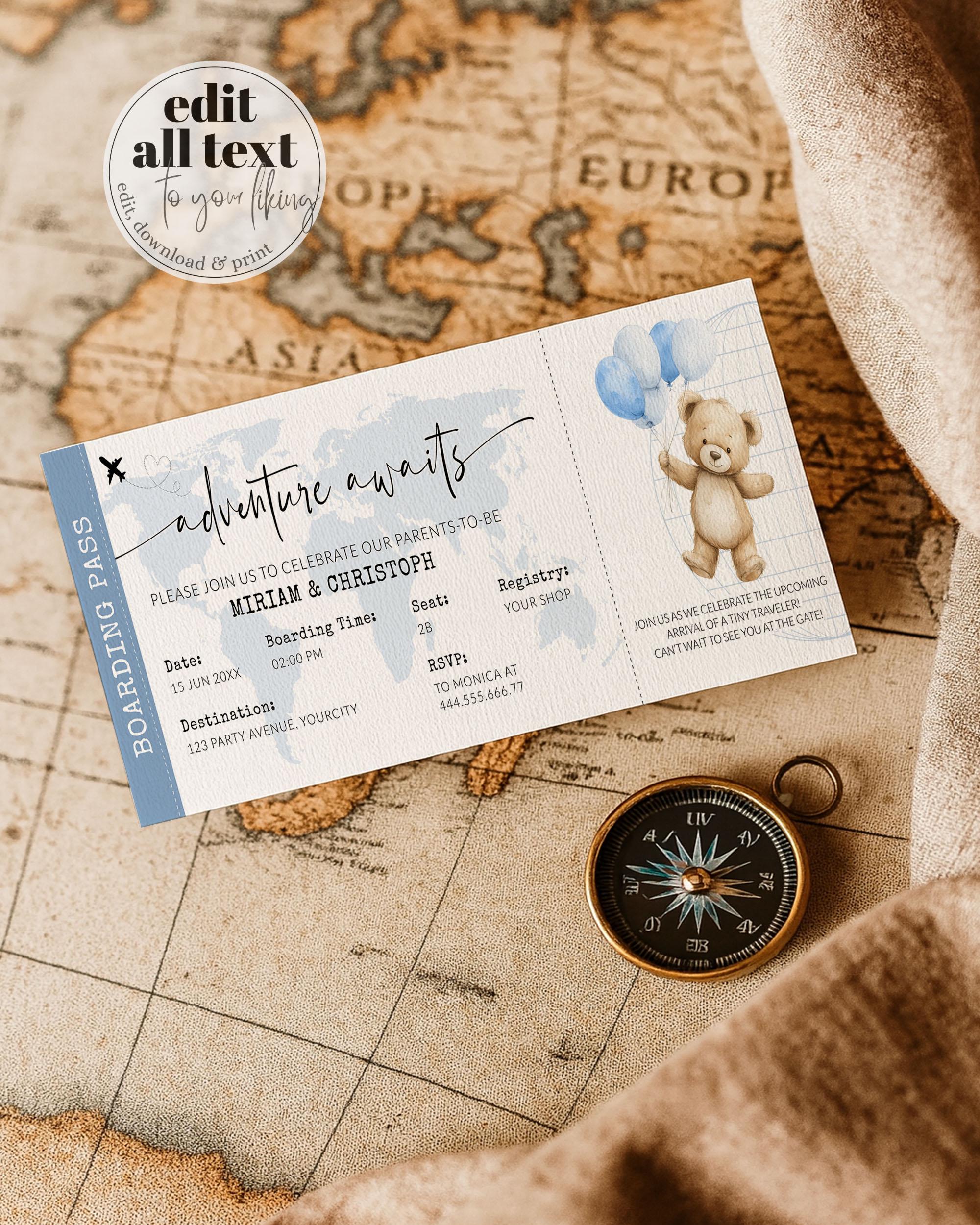 Adventure Awaits Baby Shower Invitation Template, Teddy Bear Boarding ...