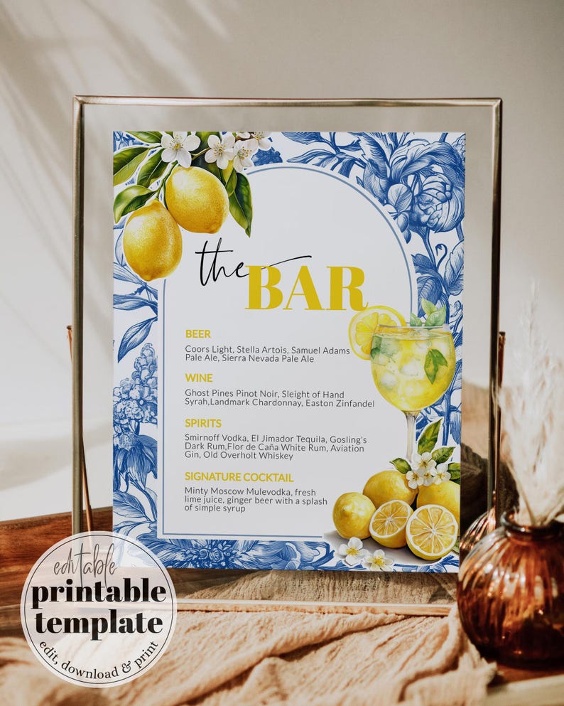 Limoncello Spritz Bar Menu Template, Citrus Lemon Amalfi Coast Bridal ...