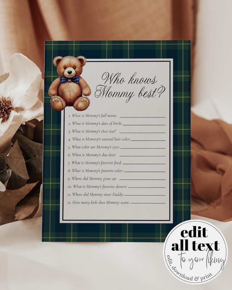 Preppy Teddy Baby Shower Game Template, Who Knows Mommy Best Navy Green ...
