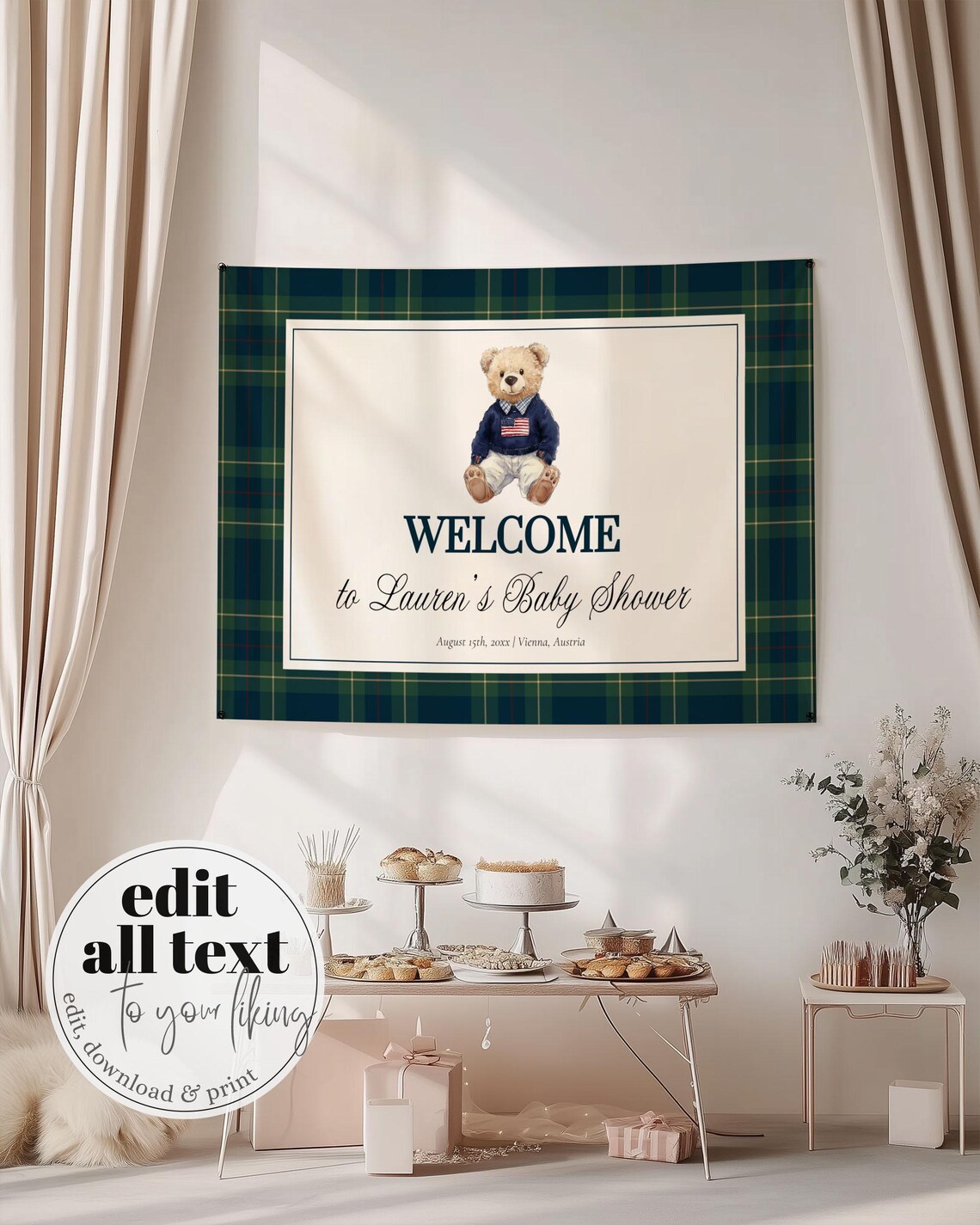 Preppy Teddy Bear Welcome Banner, Baby Shower Fabric Wall Tapestry ...