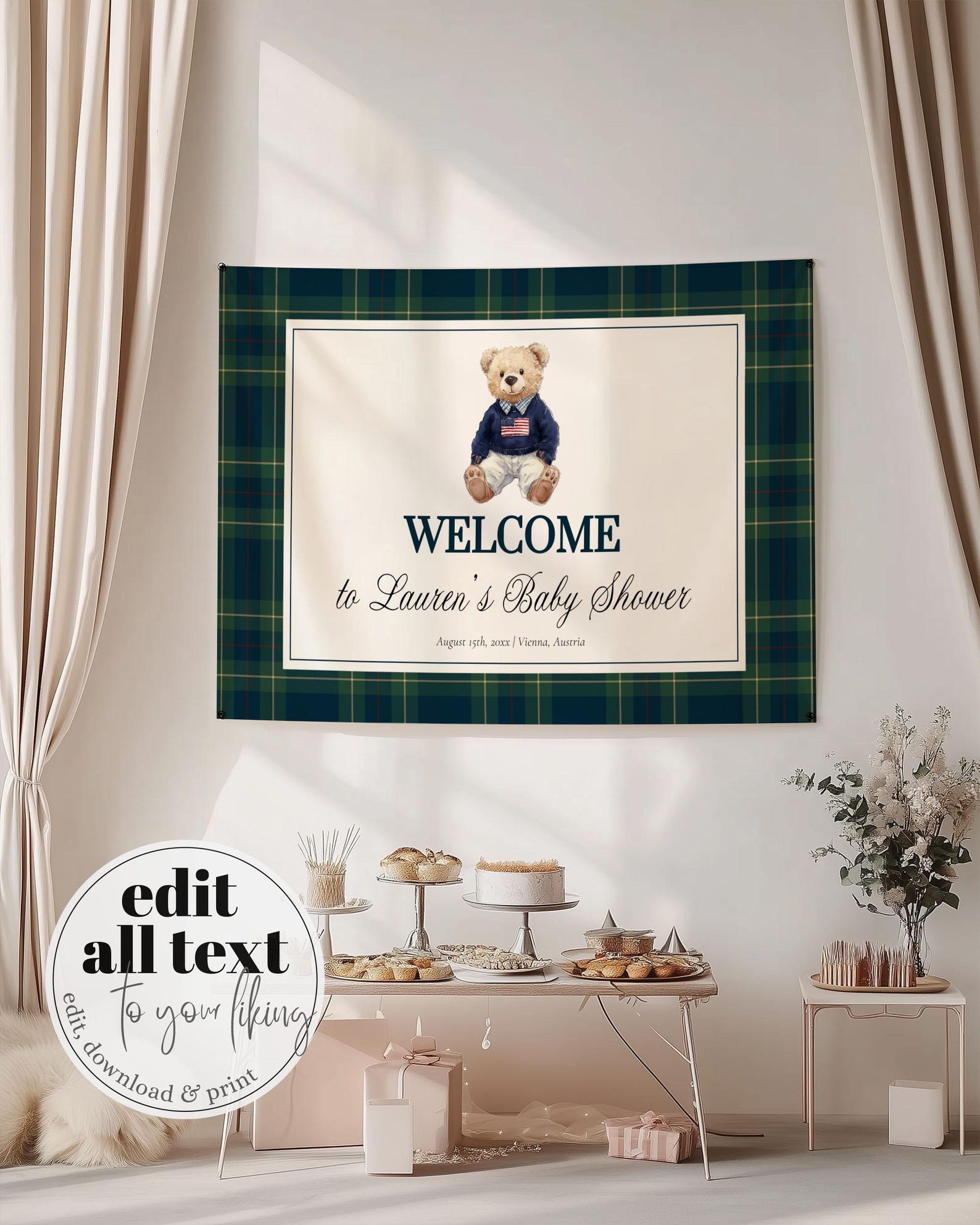 Preppy Teddy Bear Welcome Banner, Baby Shower Fabric Wall Tapestry ...