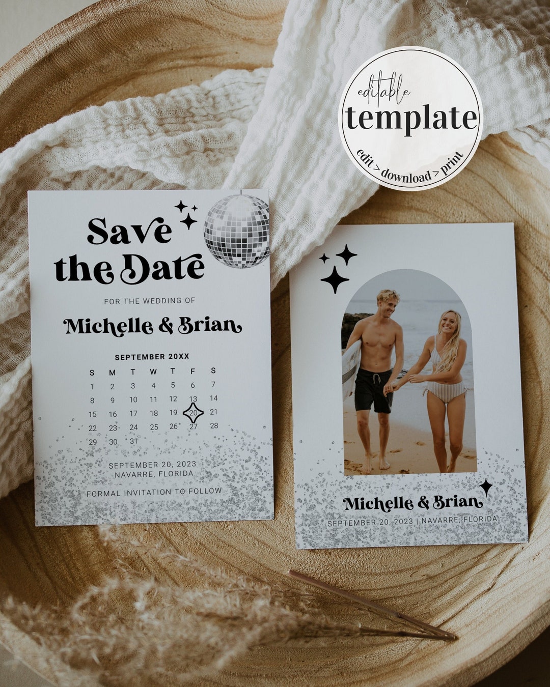 Disco Save the Date Template, Calendar Wedding Card, Retro Editable ...