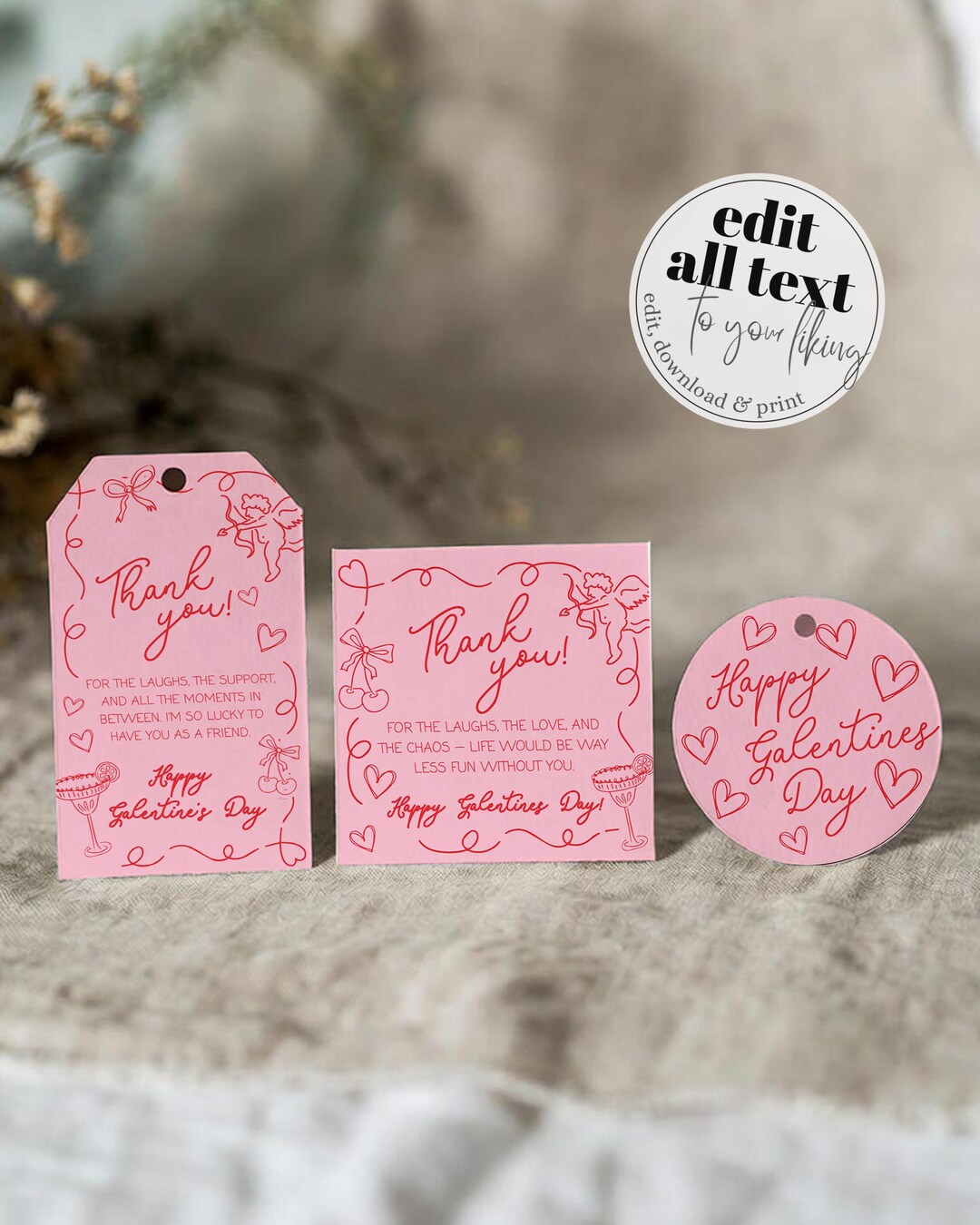 Galentine’s Day Favor Tags Template, Pink Red Funky Wavy Stickers ...