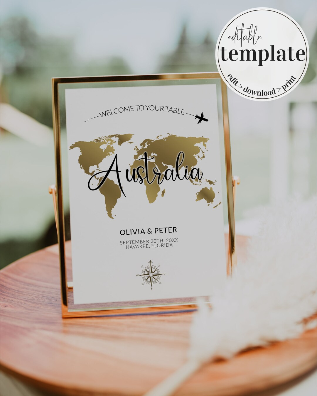 Travel Wedding Table Numbers, Golden World Map Reception Card Template ...
