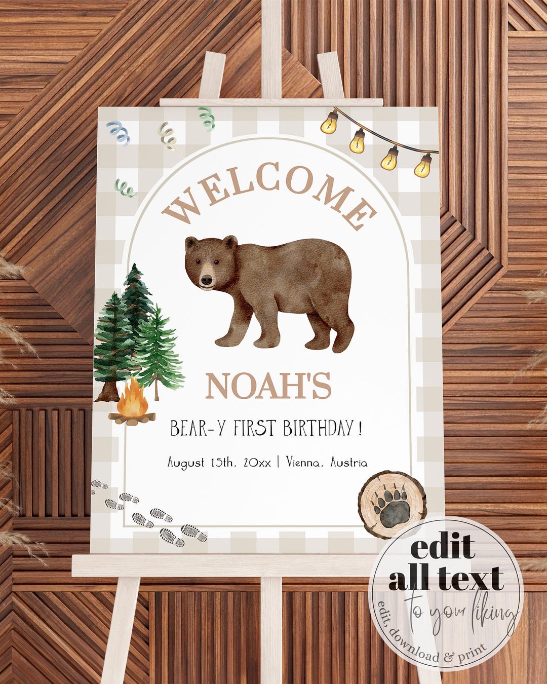 Beary First Birthday Welcome Sign Woodland Bear Boys One Happy Camper ...