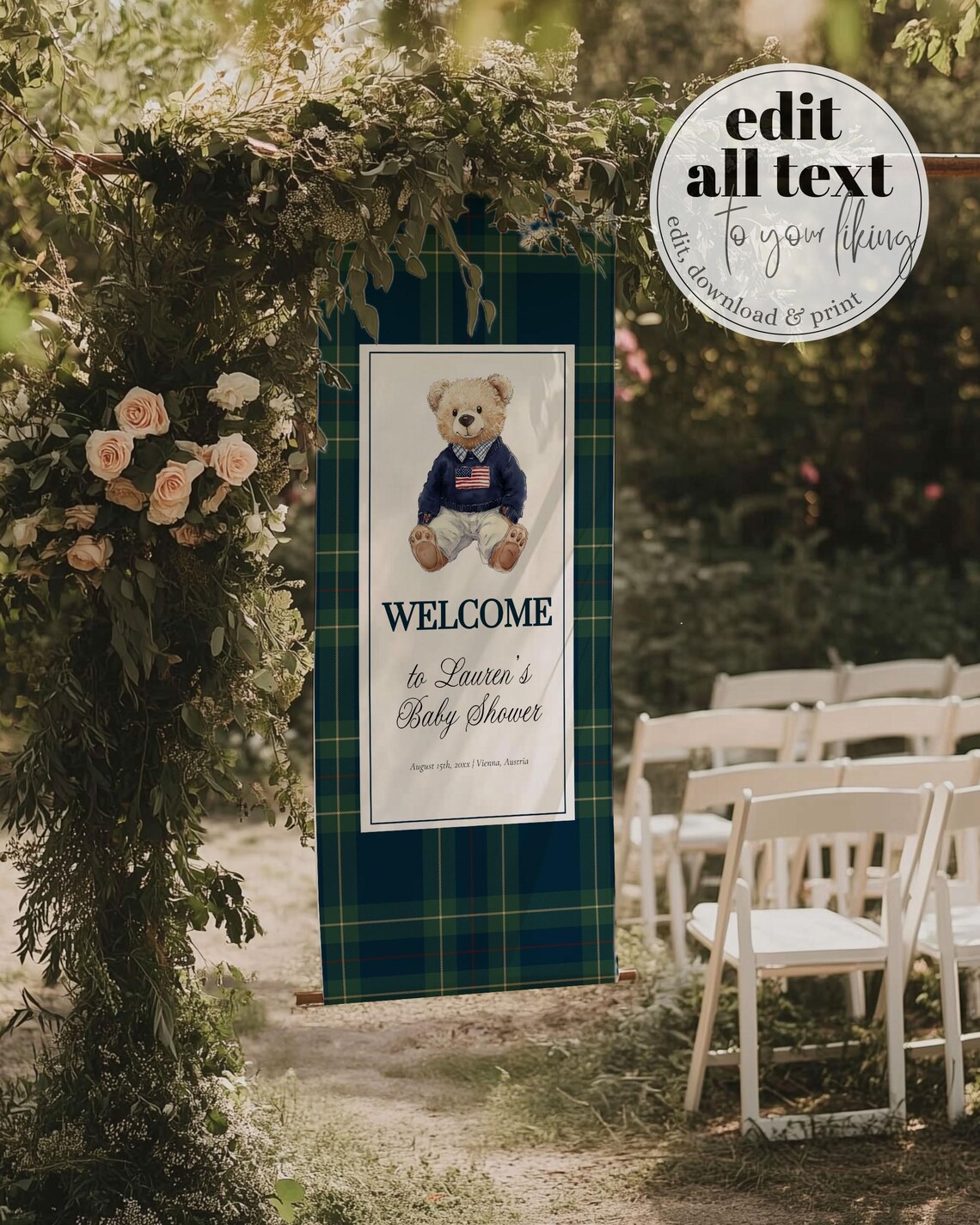 Preppy Teddy Bear Welcome Banner, Baby Shower Fabric Wall Tapestry ...