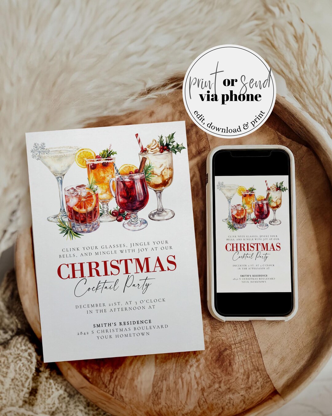 Christmas Cocktail Party Invitation Template, Holiday Social Club Card ...