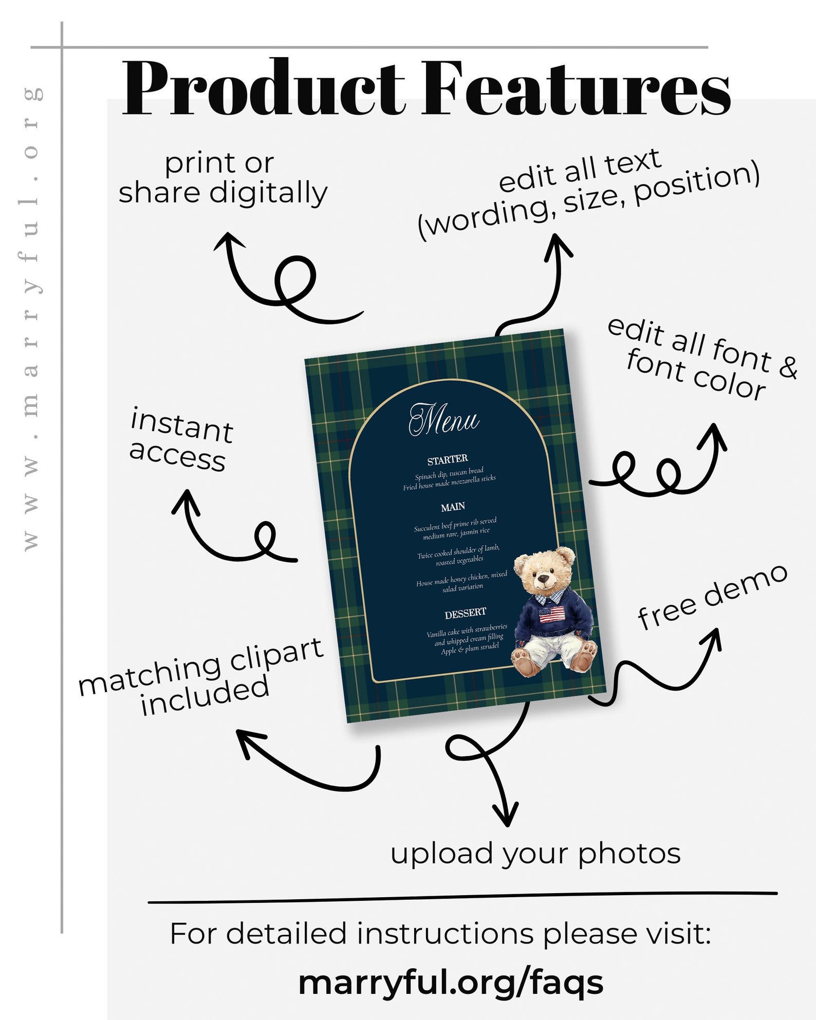 Polo Teddy Bear Menu Card Template, Vintage Navy Green Plaid Table Menu ...