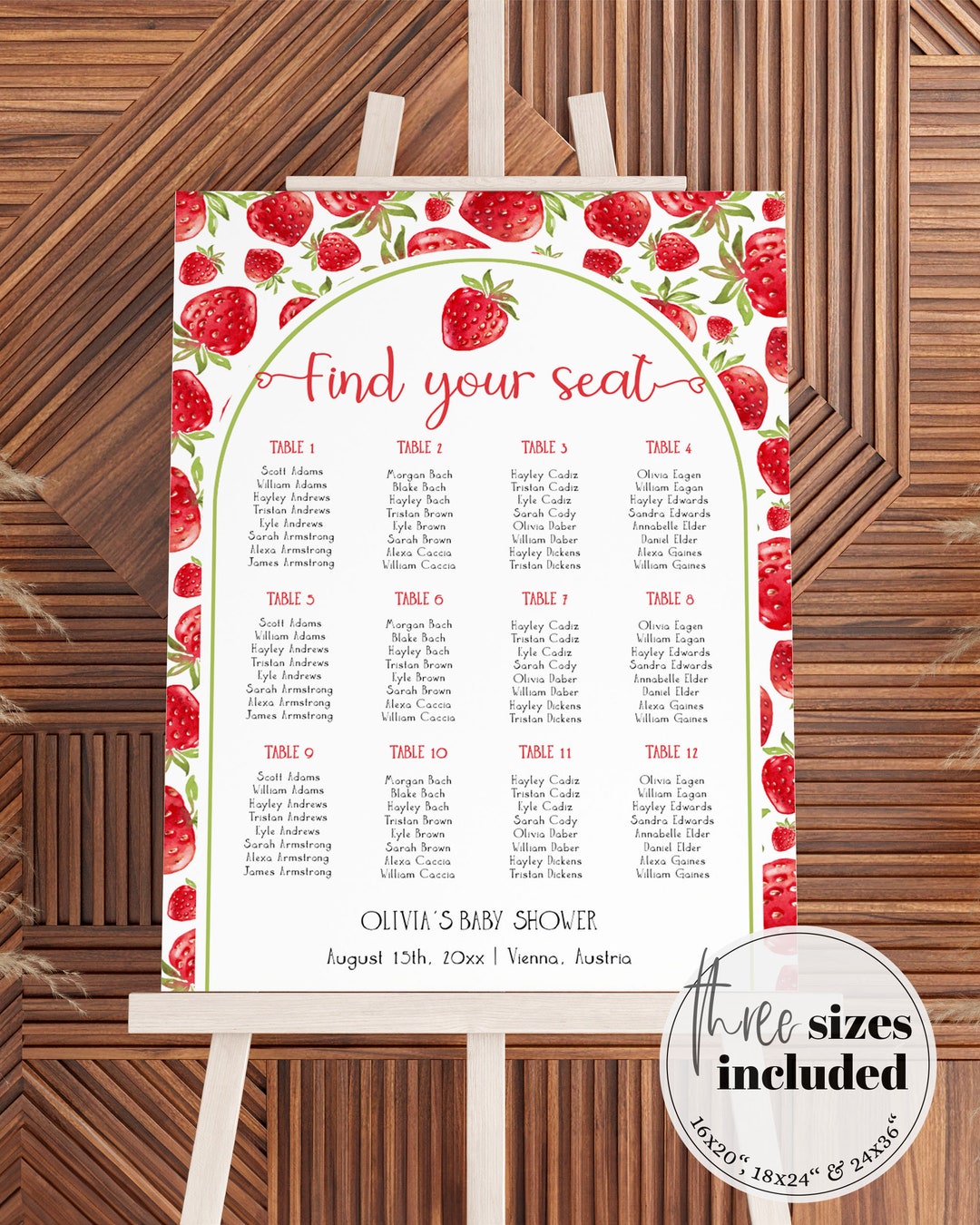 Berry First Birthday Seating Chart Sign | Editable Strawberry Baby ...