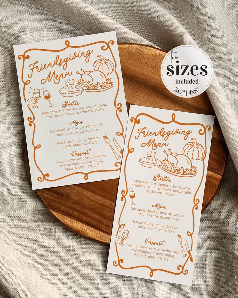 Friendsgiving Dinner Menu Card, Thanksgiving Potluck Menu Template ...