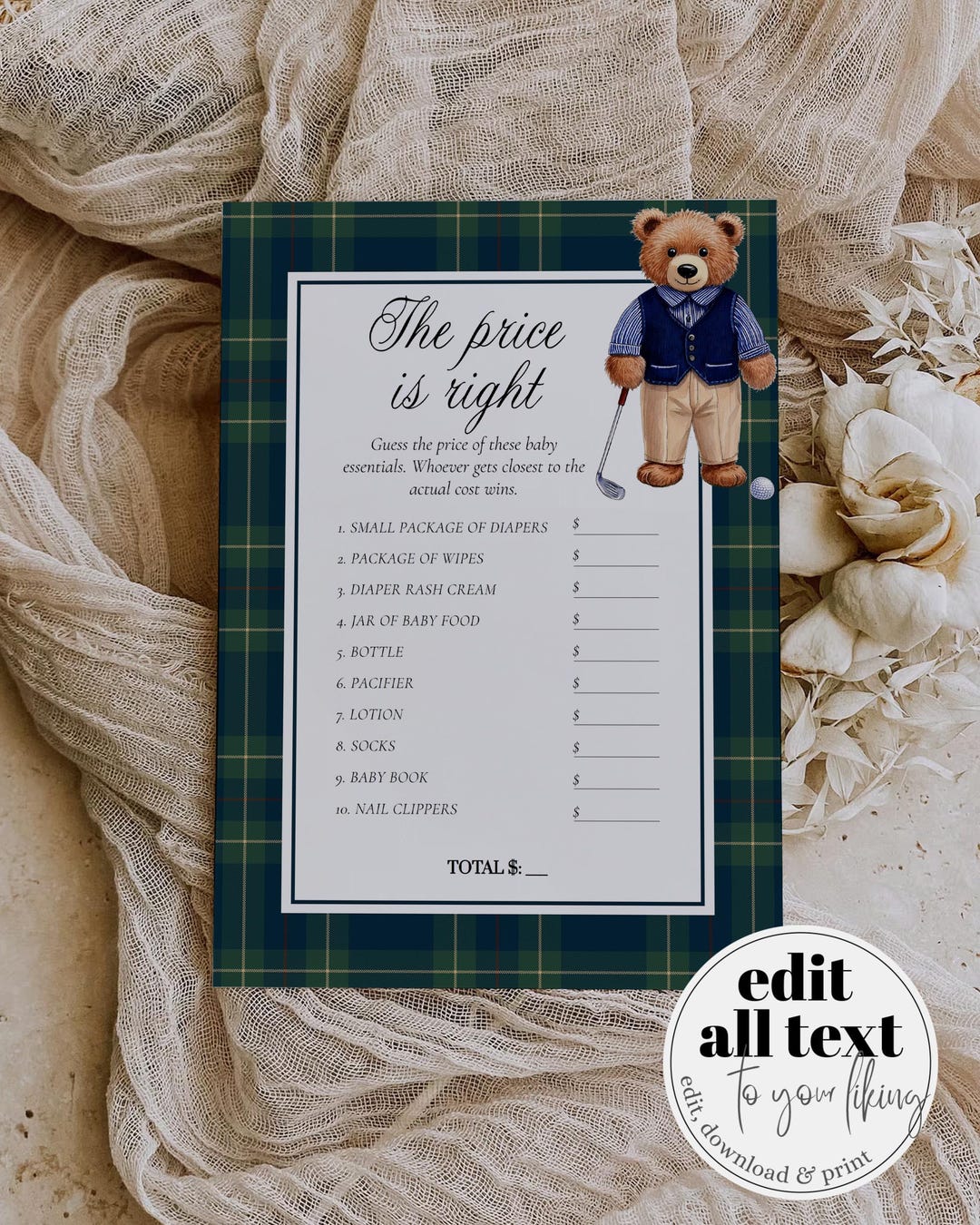 Preppy Teddy Baby Shower Game, Price is Right Navy Green Plaid Template ...