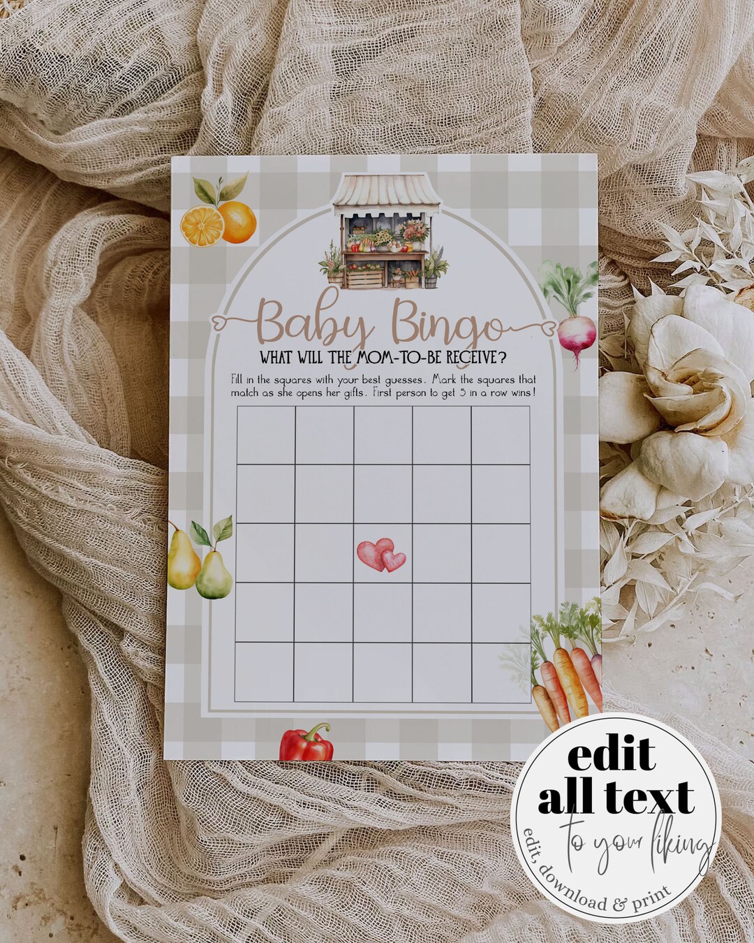 Locally Grown Baby Shower Editable Bingo Cards, Farmers Market Stand ...