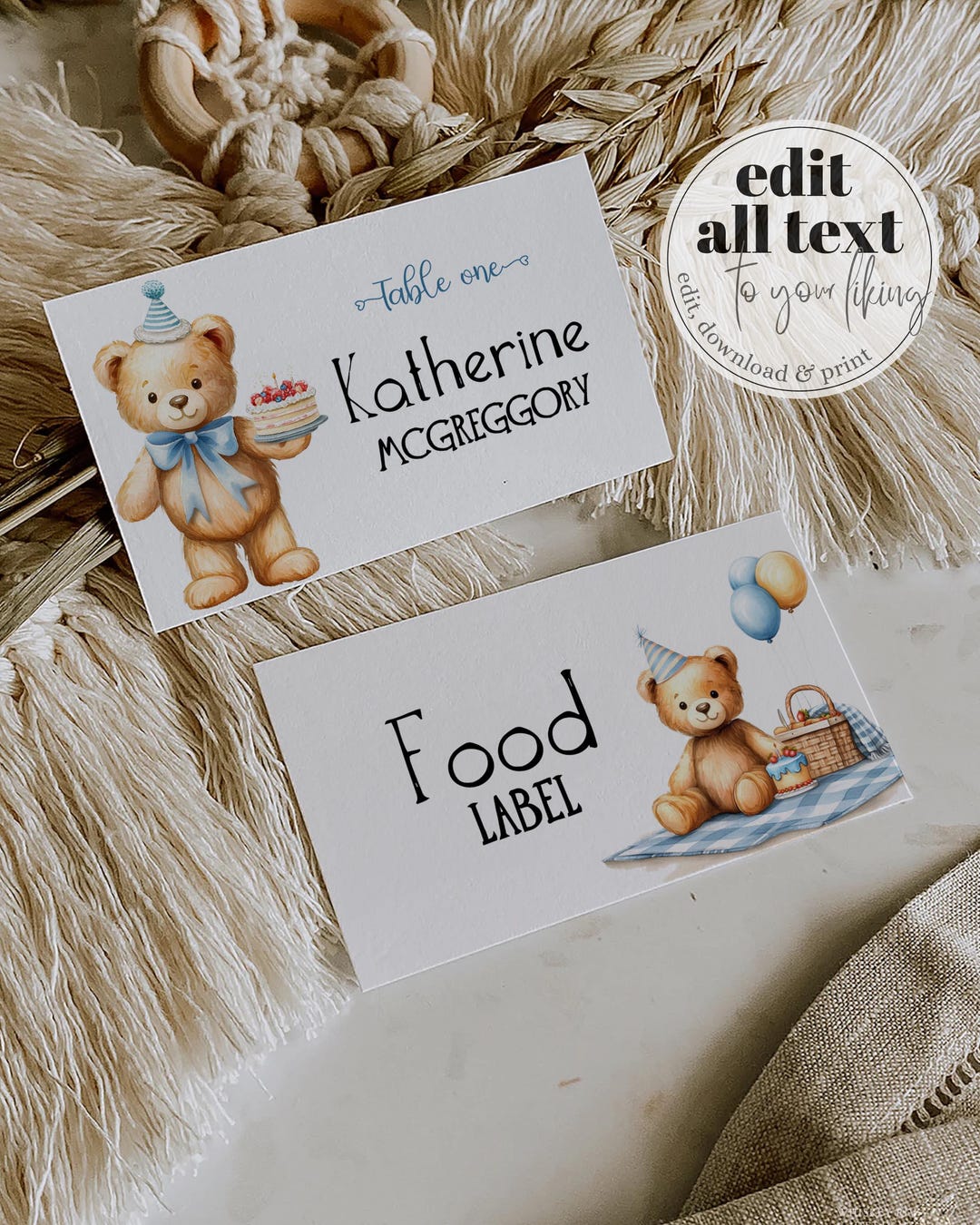 Blue Bear Place Cards Template, Teddy Bear Picnic Food Labels Printable ...