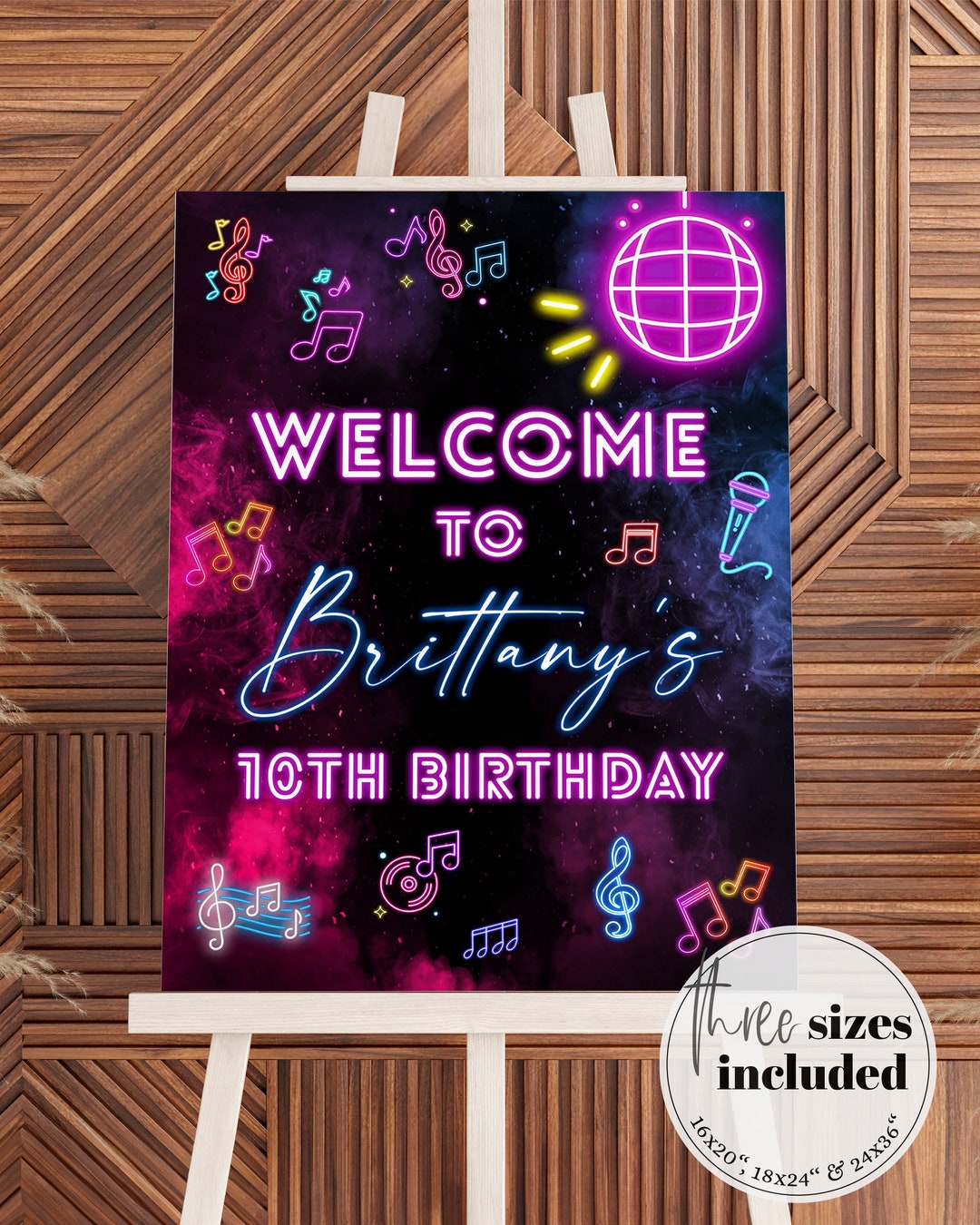 Editable Dance Birthday Party Welcome Sign Neon Glow Disco Ball Party ...