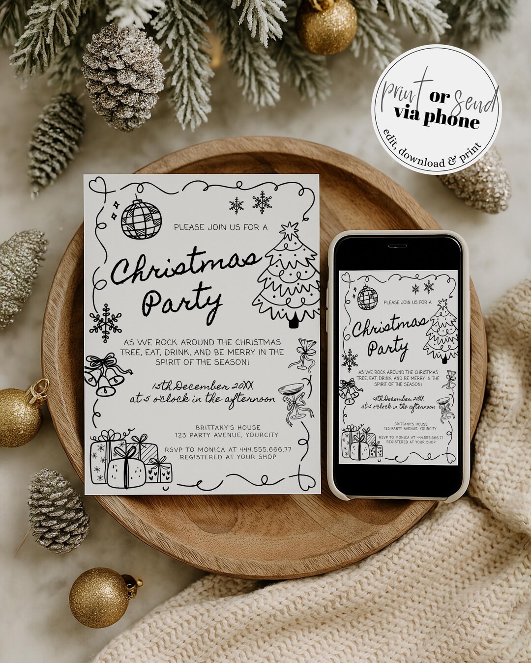 Funky Doodle Christmas Party Invitation Template, Hand Drawn Holiday ...