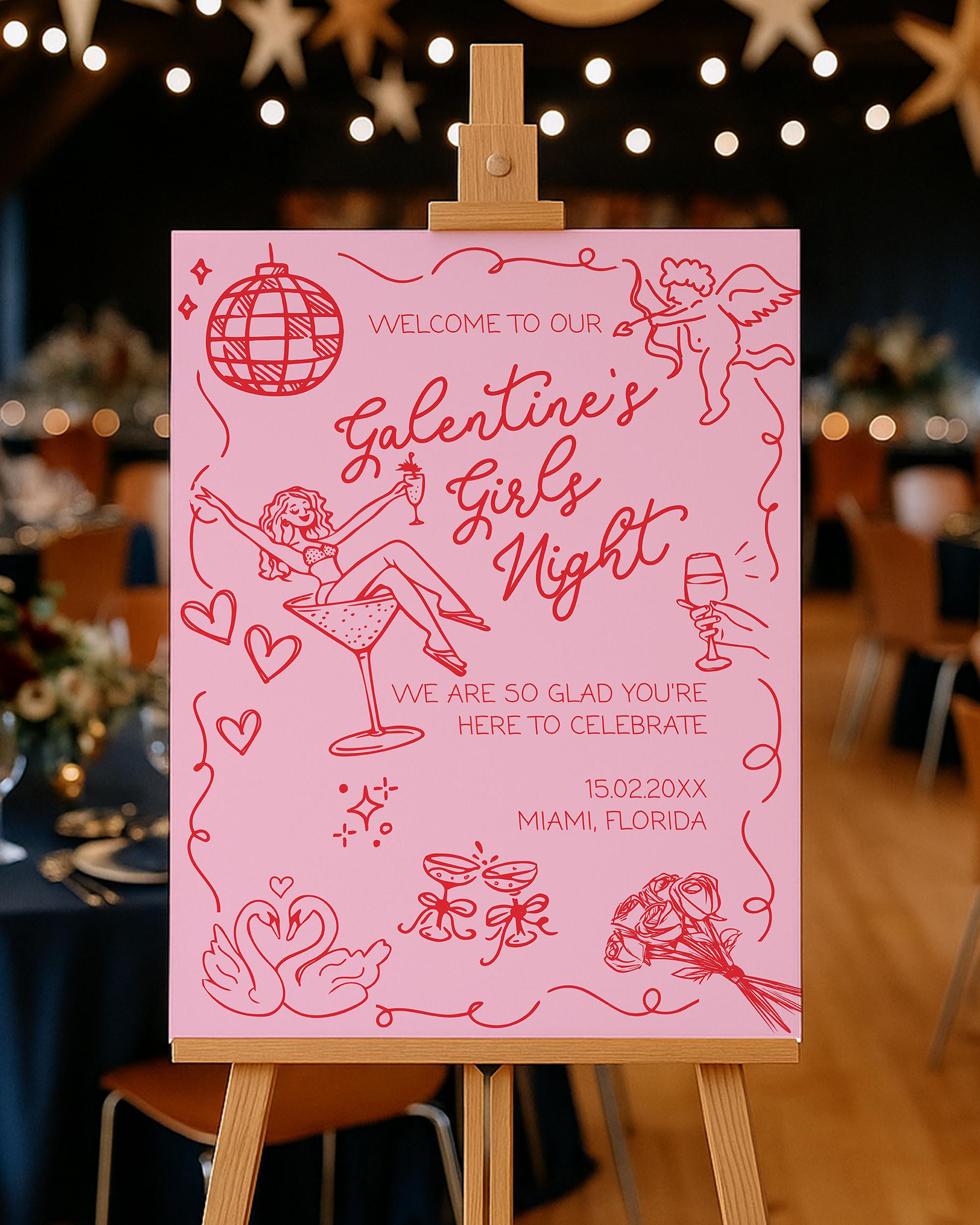 Girls Galentines Day Welcome Sign Template Funky Doodle Valentines ...