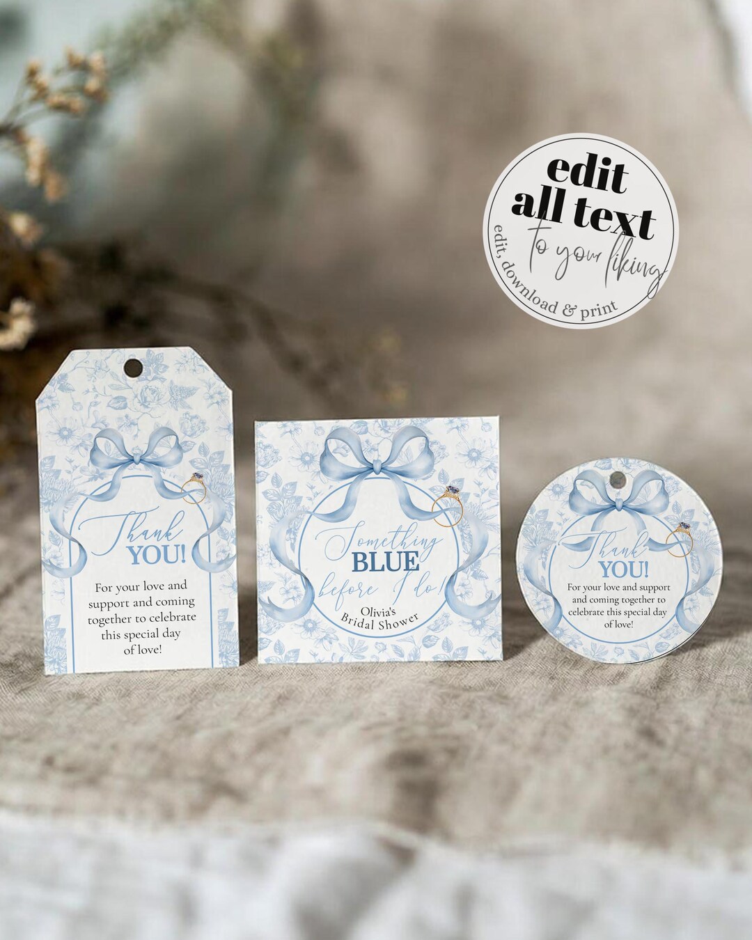 Something Blue Favor Tags, Ribbon Bow Bridal Shower Labels, Toile ...