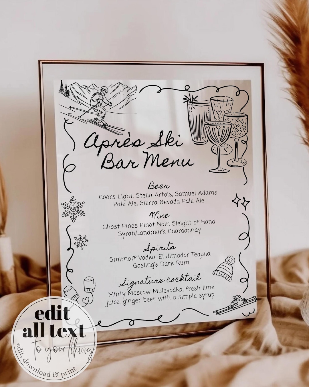Winter Apres Ski Bar Menu Sign, Handwritten Signature Cocktail Drinks ...
