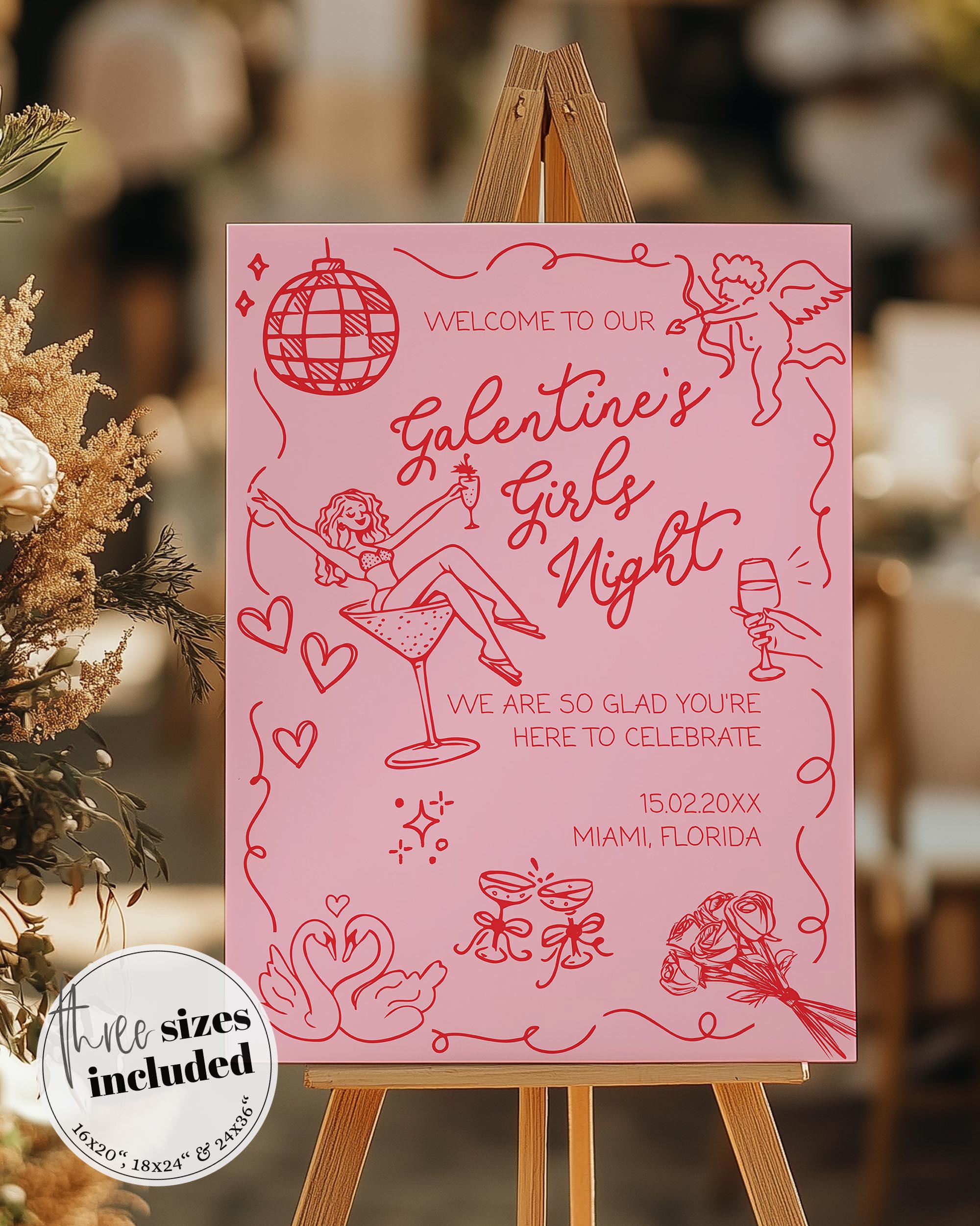 Girls Galentines Day Welcome Sign Template Funky Doodle Valentines ...