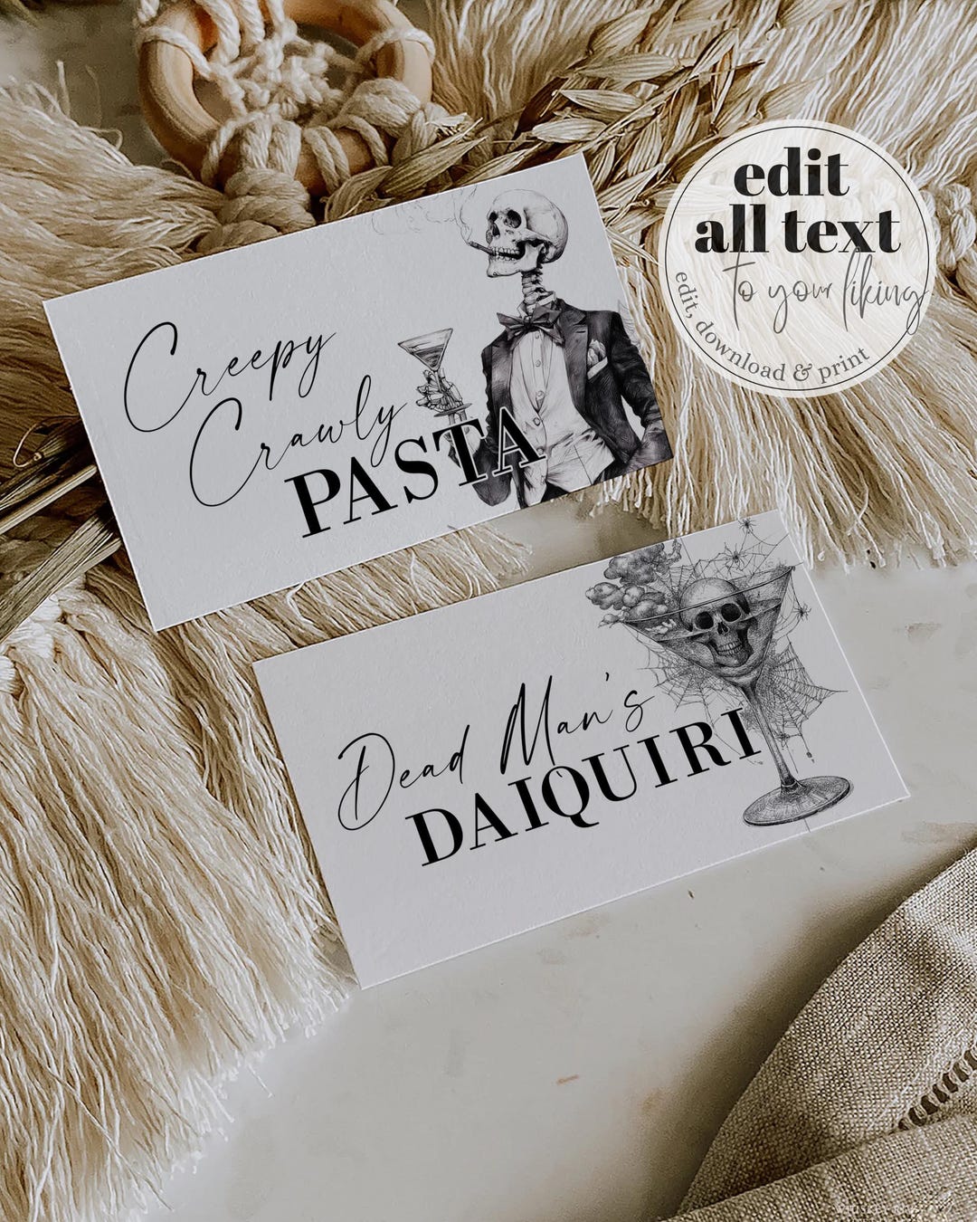 Gothic Halloween Food & Drink Labels, Vintage Skeleton Place Cards ...