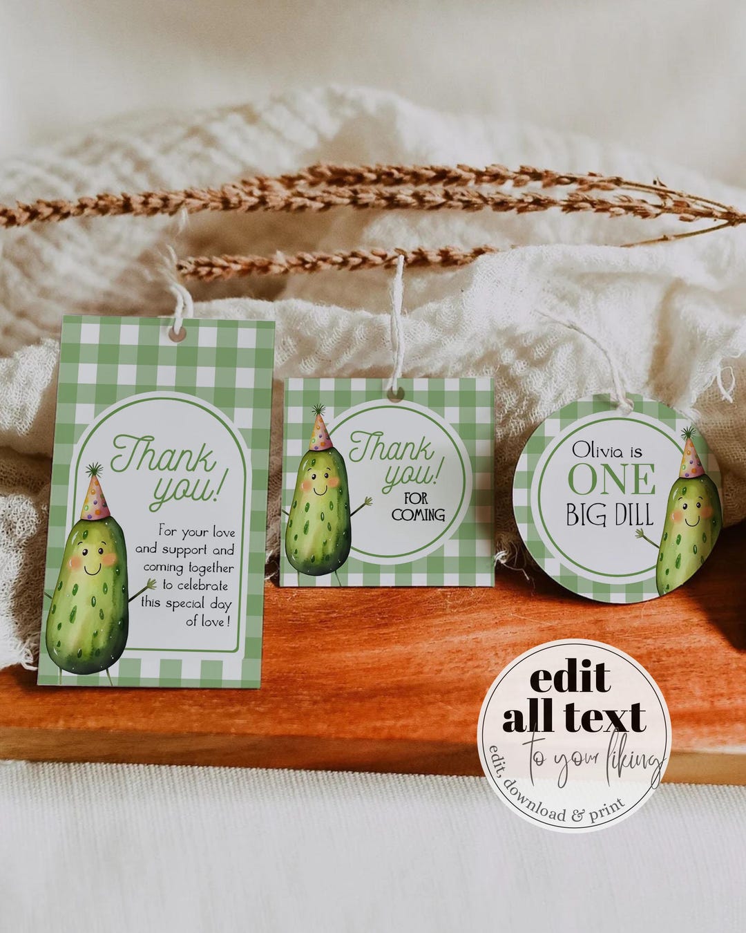 Pickle Favor Tags, One Big Dill First Birthday Labels Stickers Cupcake ...