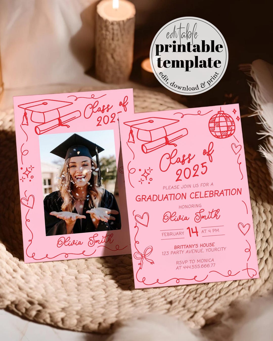 Graduation Party Invitation Class of 2025 Pink Hand Drawn Bow Wavy ...