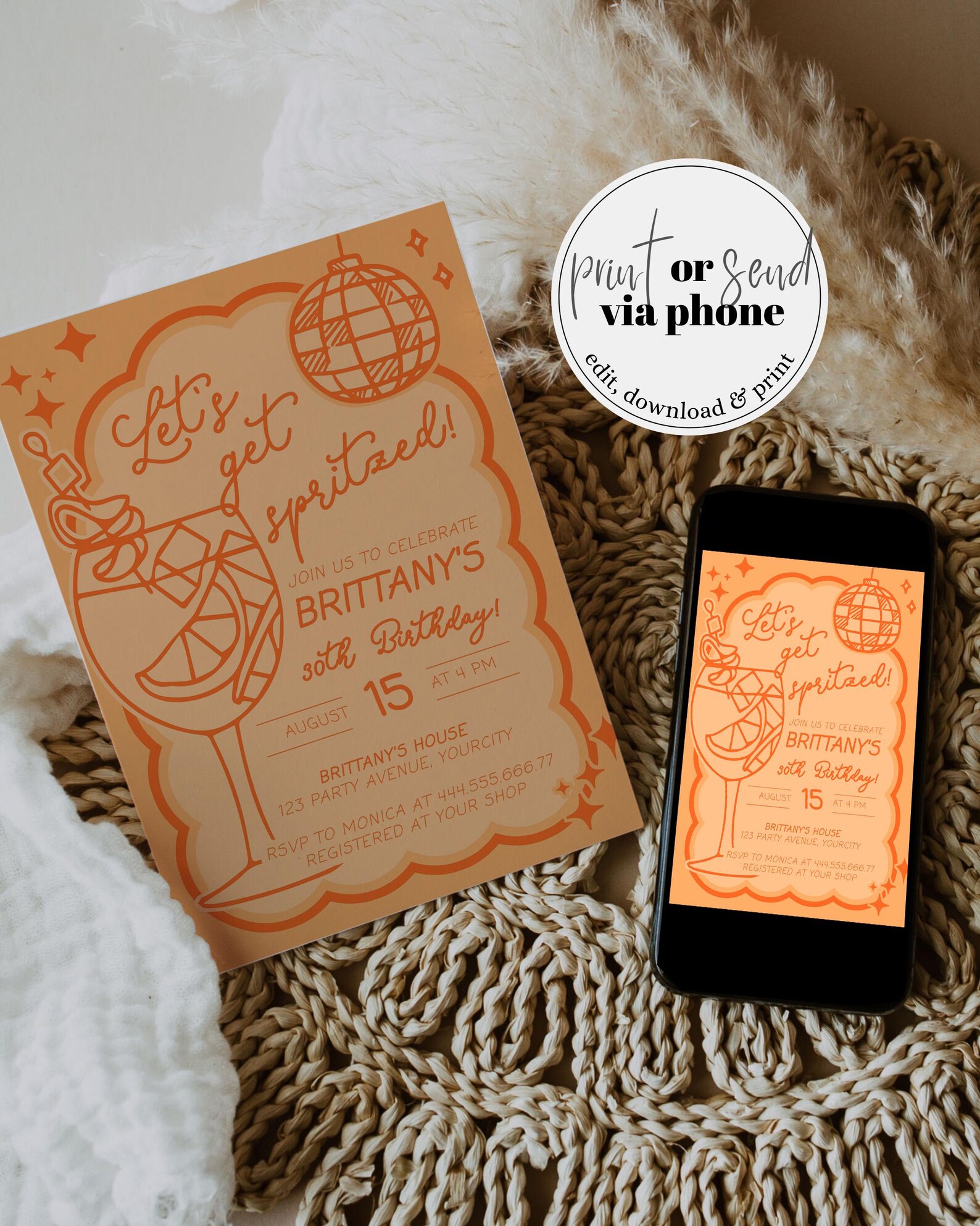 Orange Spritz 30th Birthday Invitation, Let’s Get Spritzed Wavy Frame ...