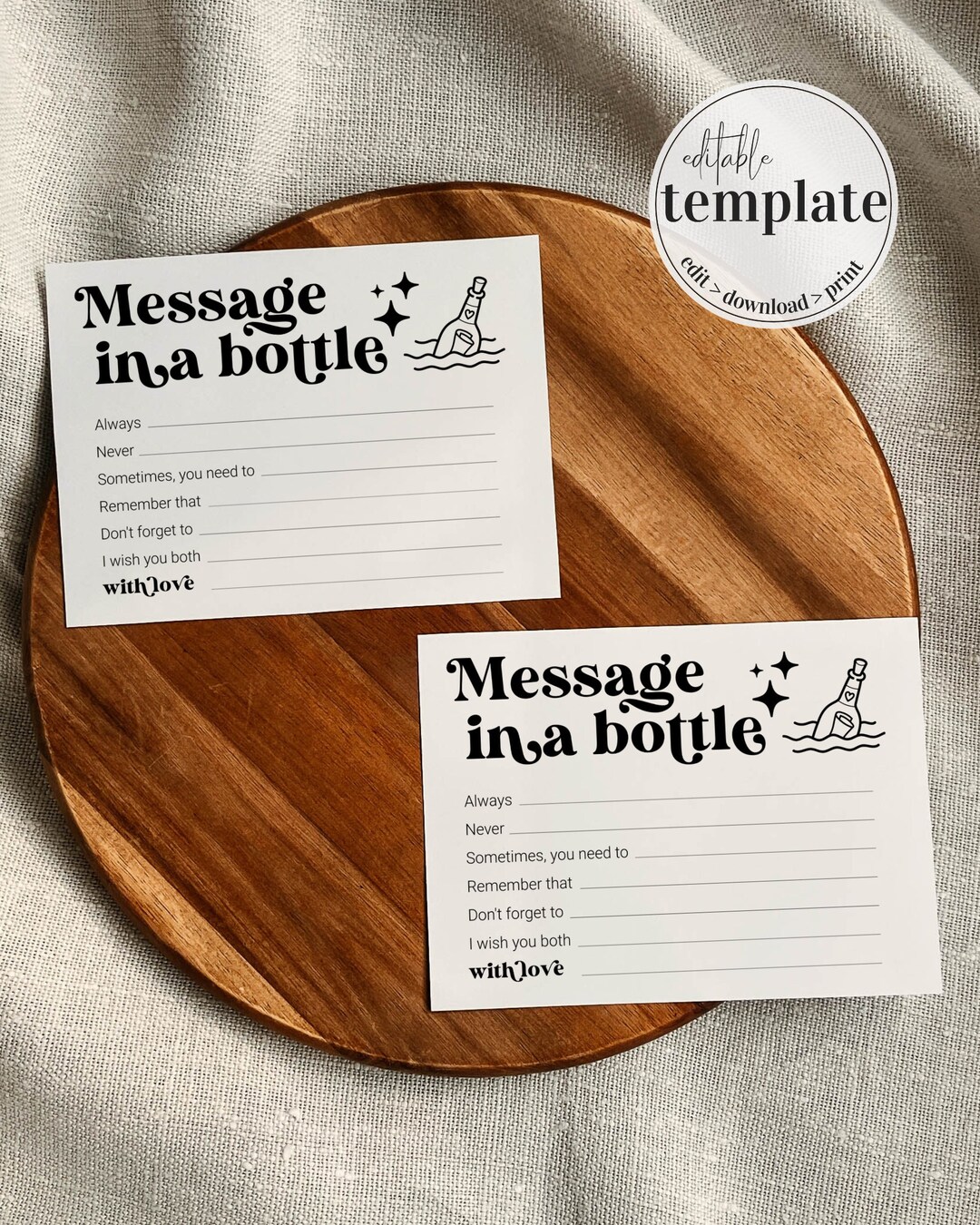 Message in a Bottle Card Template for Wedding or Baby Shower or Bridal ...