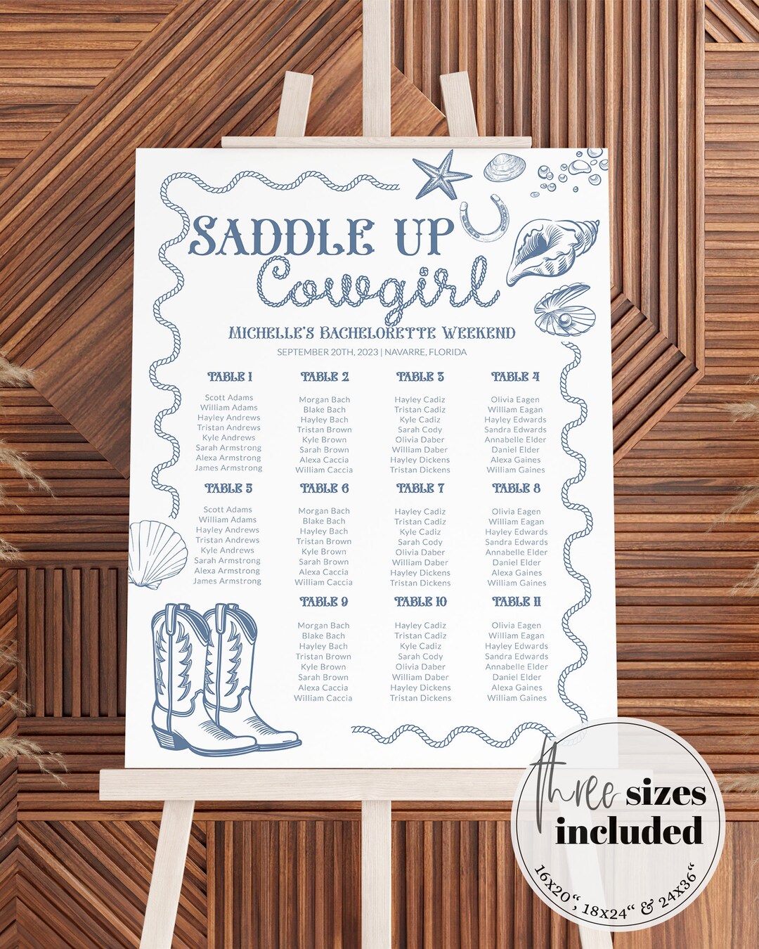 Coastal Cowgirl Seating Chart Sign Template for Nautical Bachelorette ...