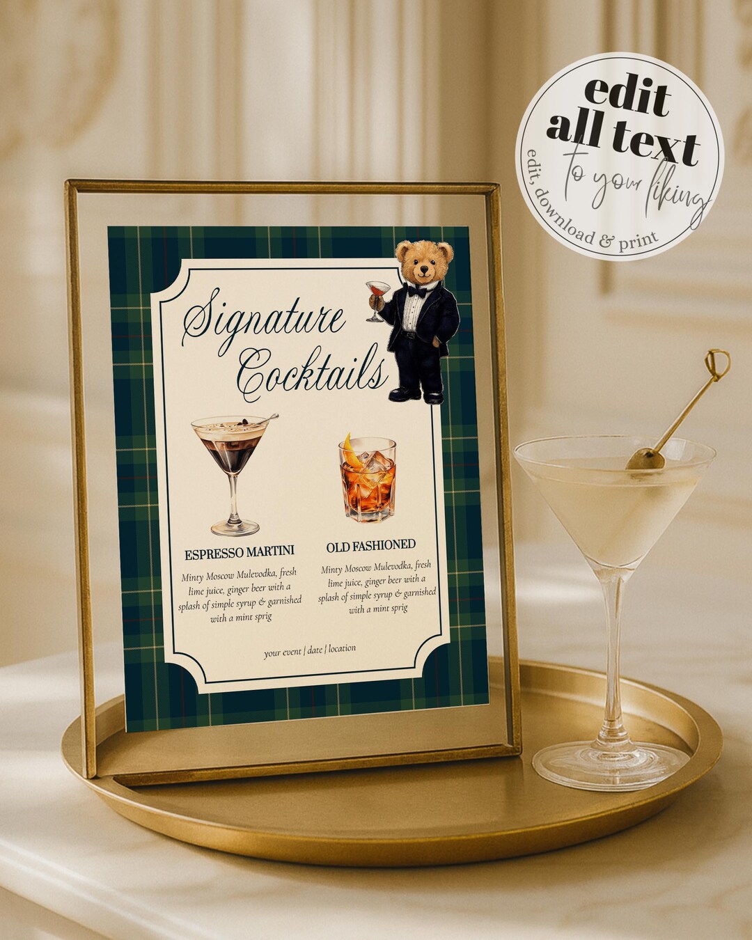 Polo Teddy Bear Bar Menu Sign Template, Signature Cocktail Party ...