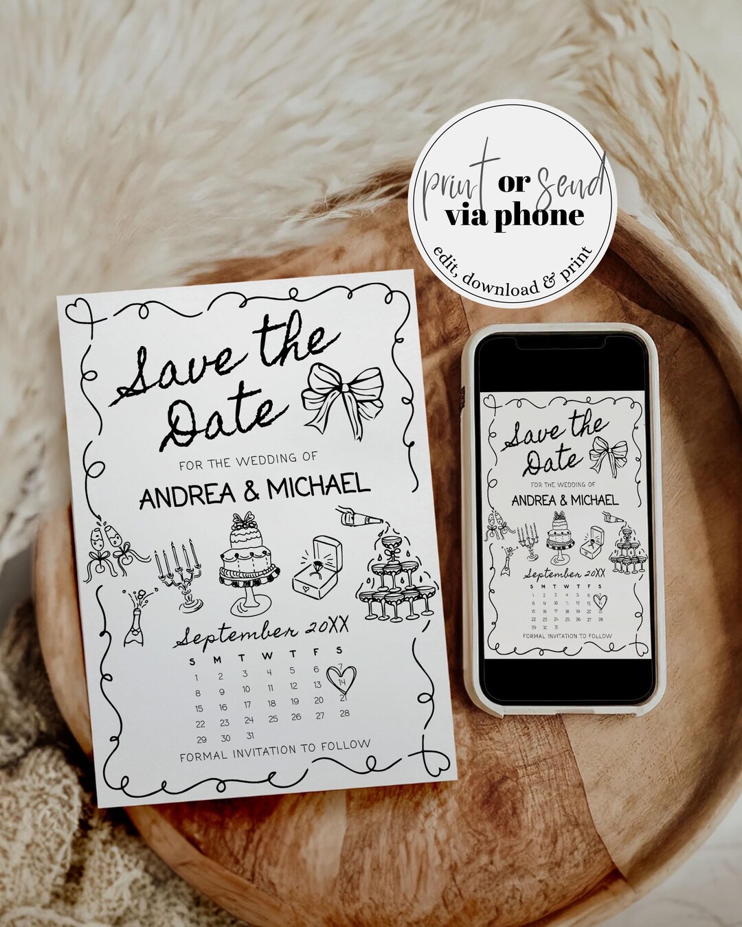 Wavy Doodle Save the Date Calendar, Handdrawn Funky Scribble Save the ...