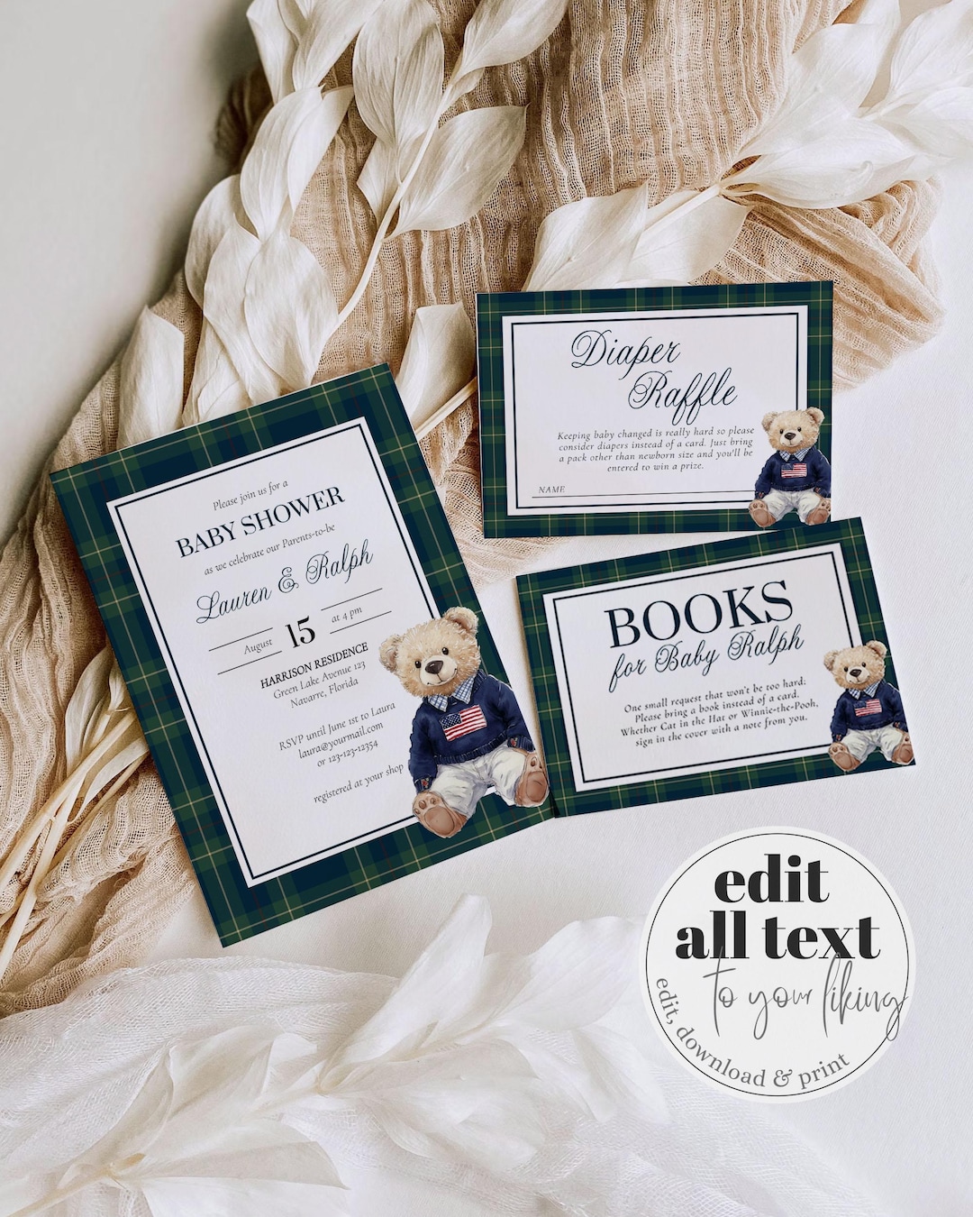 Luxury Polo Teddy Baby Shower Invitation, Classic Plaid Bear Theme ...