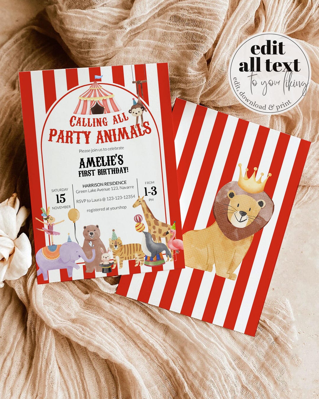 Circus Party Animals First Birthday Invitation, Carnival Safari Jungle ...