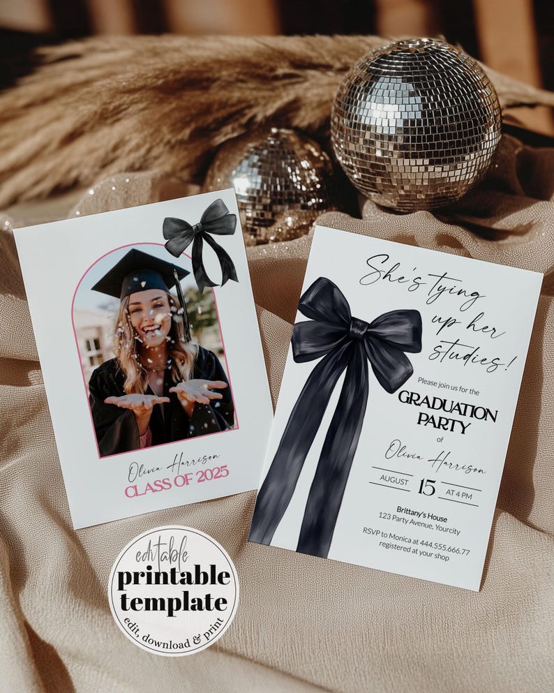 Class of 2026 Graduation Invitation Template, Black Coquette Bow Ribbon ...