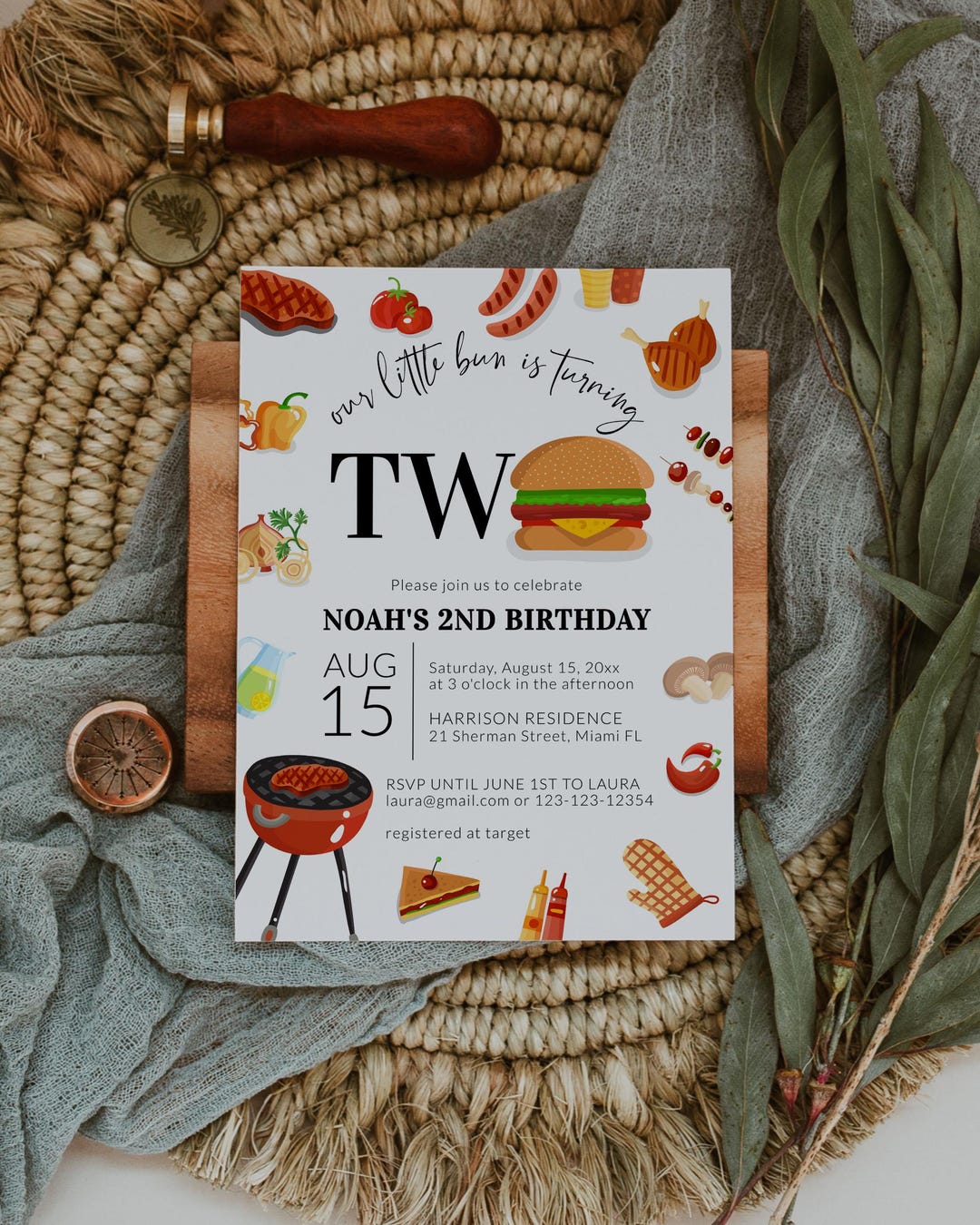 BBQ Burger 2nd Birthday Invite, Bun Ist Turning TWO Backyard Barbecue ...