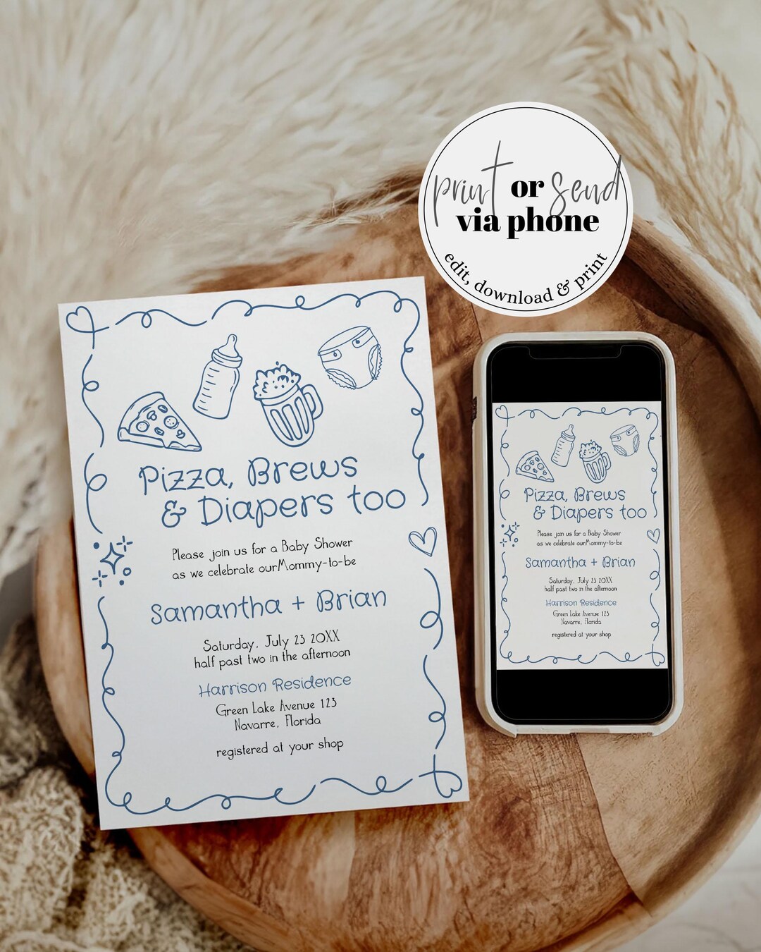 Pizza Brews Diapers Too Baby Shower Invitation Italian Pizza Beer ...