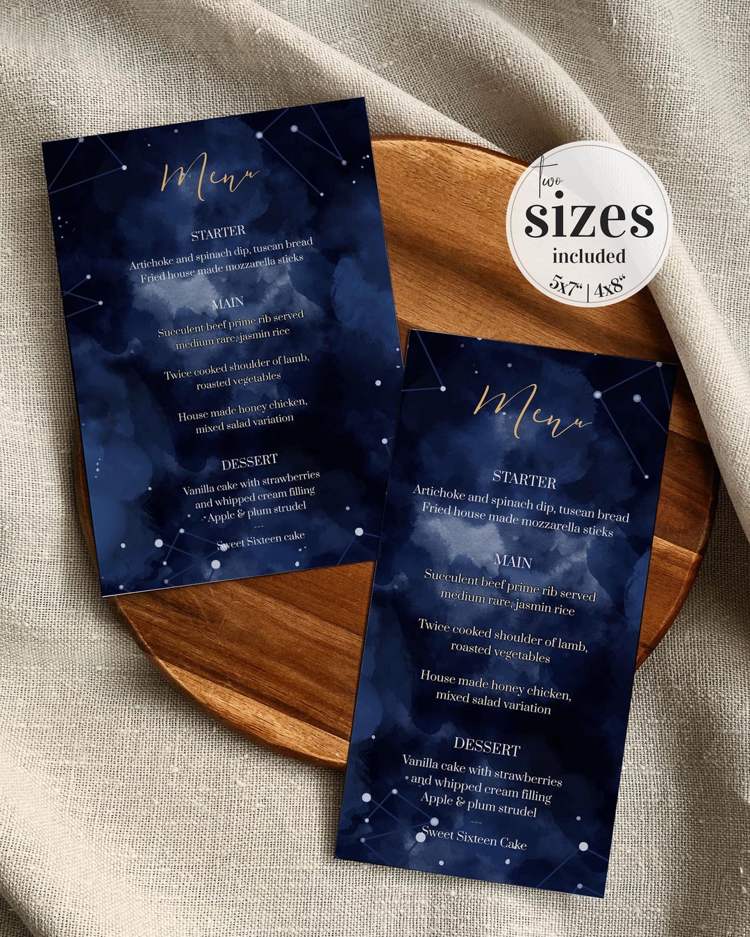 Celestial Wedding Menu Card Template, Navy Gold Starry Night Table ...
