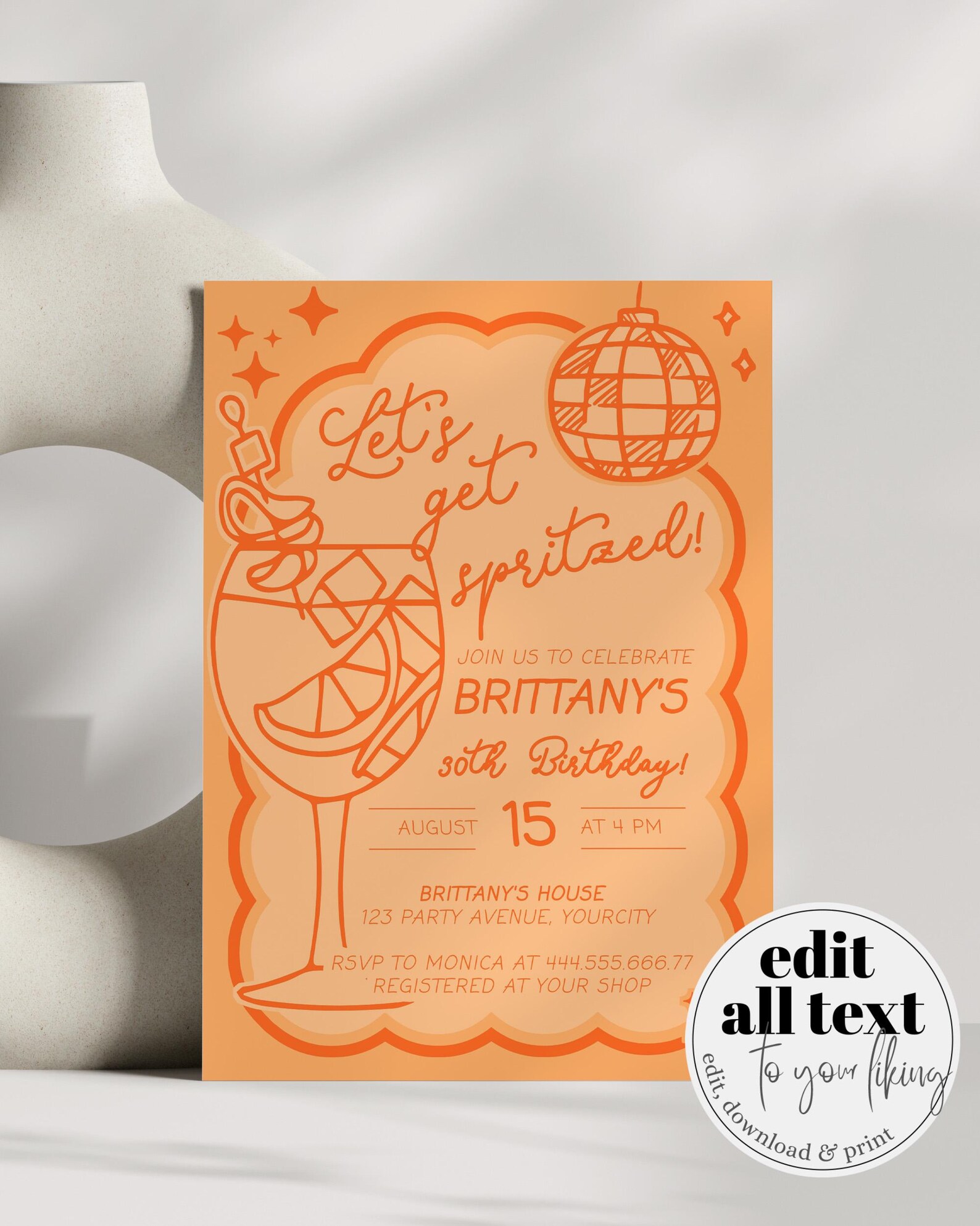 Orange Spritz 30th Birthday Invitation, Let’s Get Spritzed Wavy Frame ...