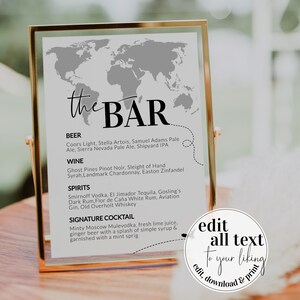 Destination Wedding Bar Menu Sign, Travel Themed Cocktail Printable ...