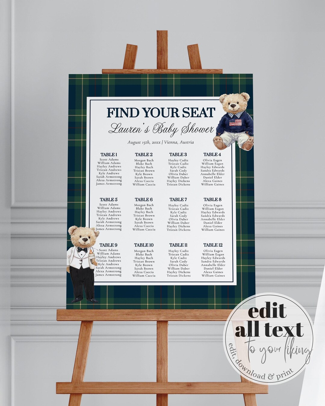Preppy Teddy Baby Shower Seating Chart Template, Polo Bear Navy Green ...