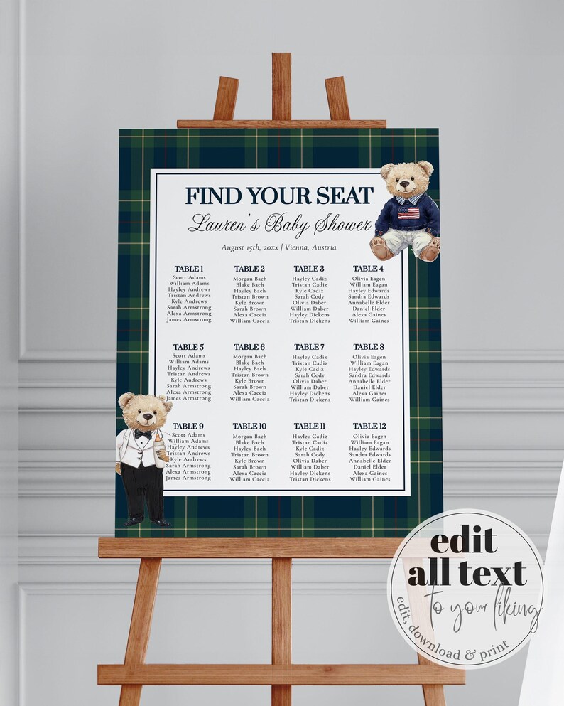 Preppy Teddy Baby Shower Seating Chart Template, Polo Bear Navy Green ...